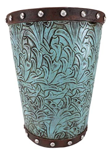 Ebros Gift Rustic Western Sculpted Turquoise Floral Patterns Flower Scroll Art with Faux Tooled Leather Nailhead Borders Bathroom Accessory (Dry Waste Basket Trash Bin)