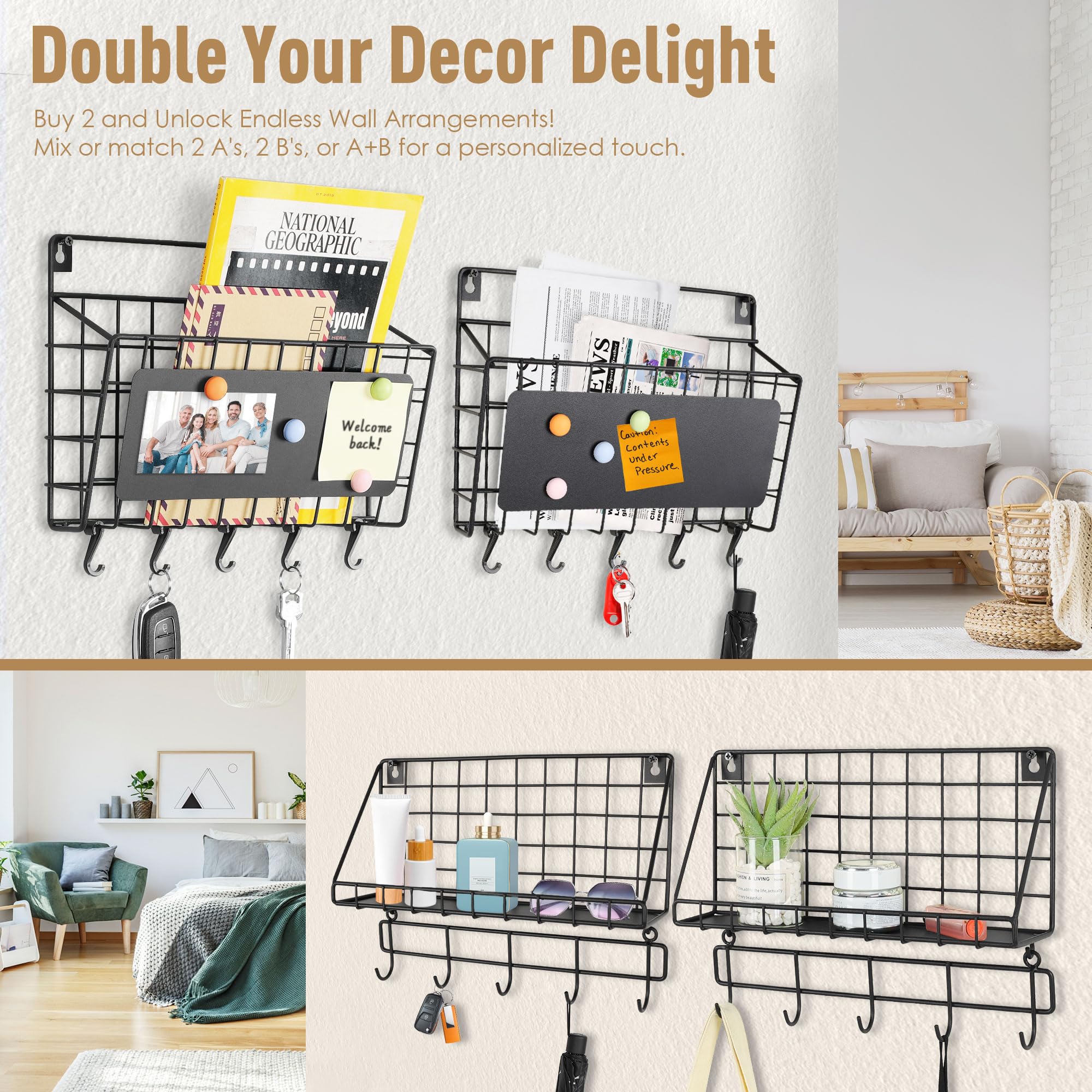 Baeymonkay Easy Installation Key Holder Wall Mount, Mail Organizer Mail Holder for Wall with 5 Hooks, Iron Key Hooks for Entryway Decor, Key Hanger, Key Rack, Matte Black(Single Mail)