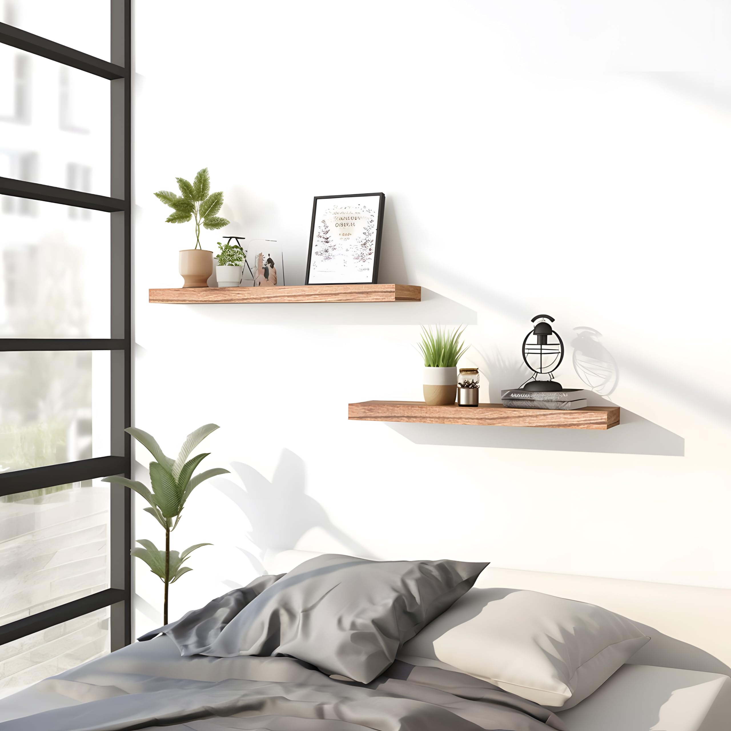 PHPH Wood Floating Shelves for Wall, Wooden Wall Shelves for Bedroom, Set of 6 Light Brown 17 Inch