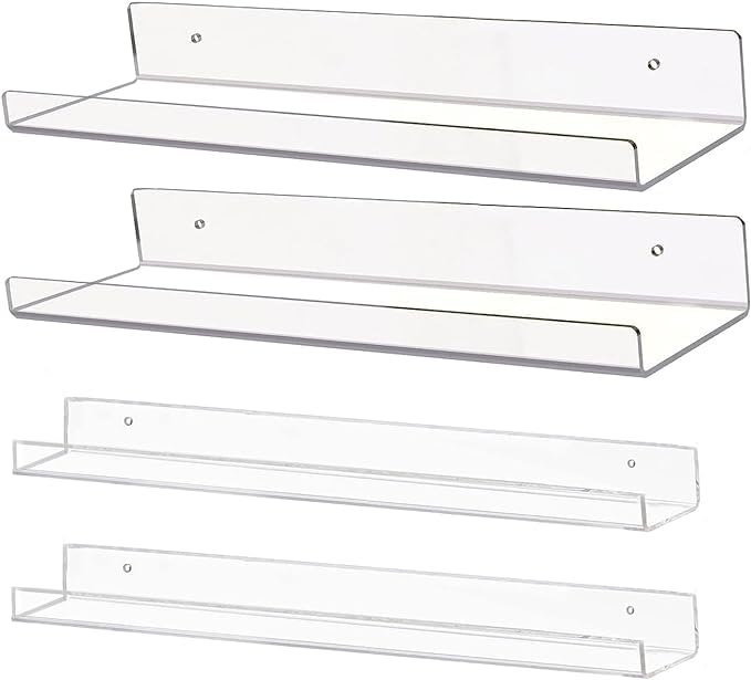 BYCY Acrylic Floating Shelves for Wall Decor Storage Kids Book Display Shelves for Living Room,Clear Floating Shelves Wall Mount for Bedroom, Bathroom, Kitchen,Office (2In+4In 4Pack)