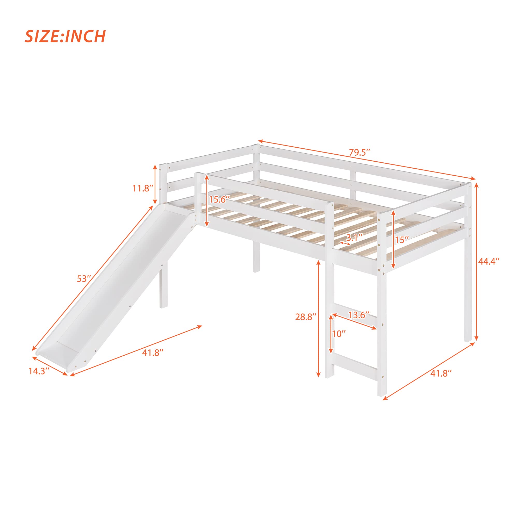 Harper & Bright Designs Kids Loft Bed with Slide,Twin Size Low Loft Beds for Girls Boys Solid Pine Wood Toddler Loft Bed with Ladder and Guard Rails,White