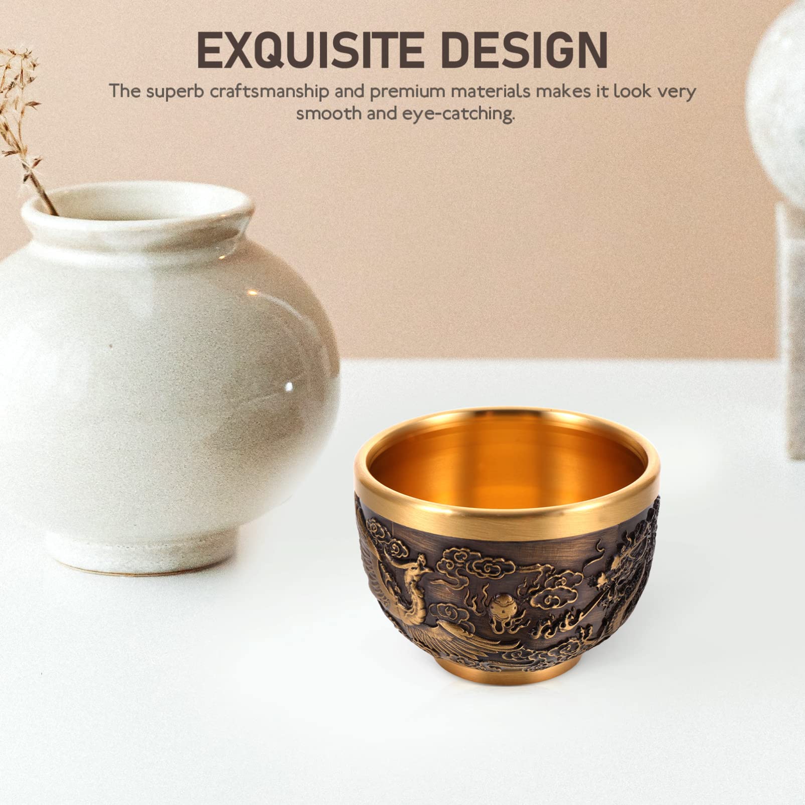 ARTIBETTER Kung Fu Teacups Chinese Copper Tea Cup Vintage Dragon Pattern Tea Tasting Cup Embossed Traditional Tea Mugs Japanese Sake Cup for Coffee Tea Espresso
