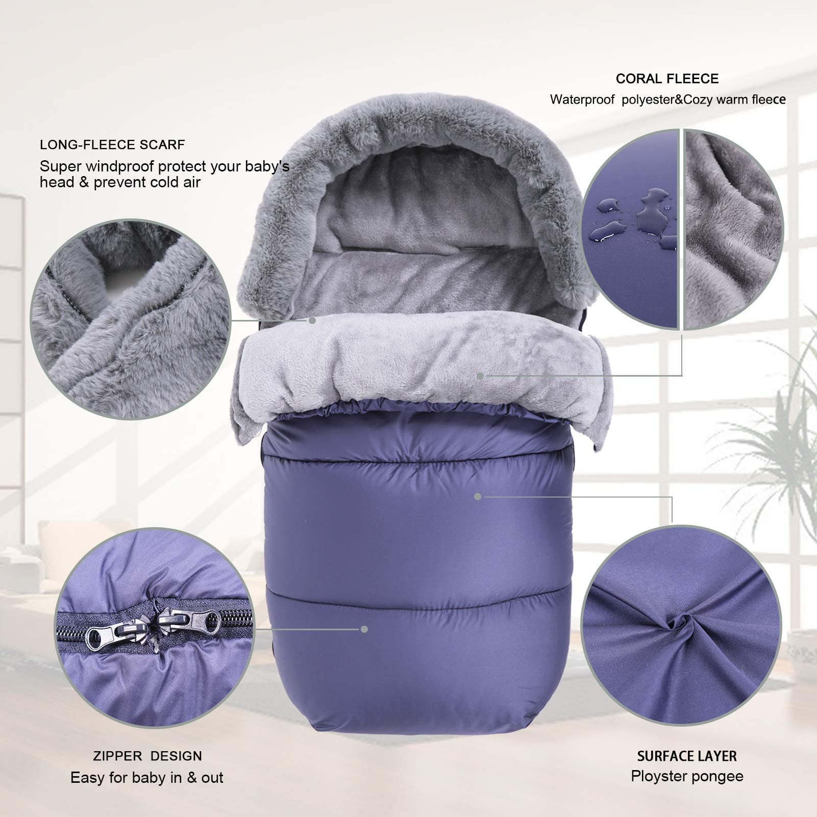 AtBabyHome Stroller Footmuff, Warm Baby Bunting Bag, Universal Stroller Sleeping Bag with Adjustable Fur Collar Scarf for Cold Winter