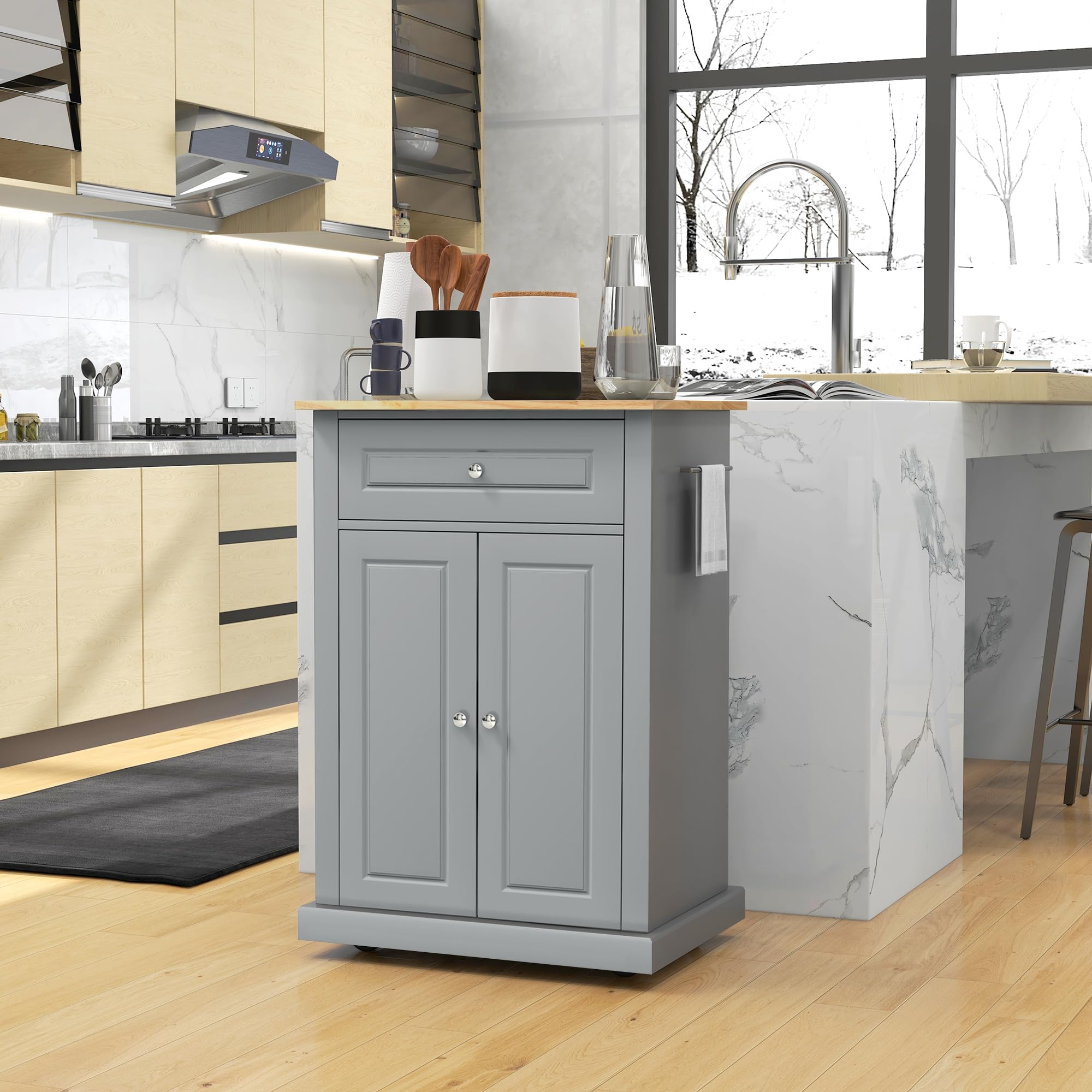 HOMCOM Rolling Kitchen Island Cart, Portable Serving Trolley Table with Drawer, Adjustable Shelf and 2 Towel Racks, Grey