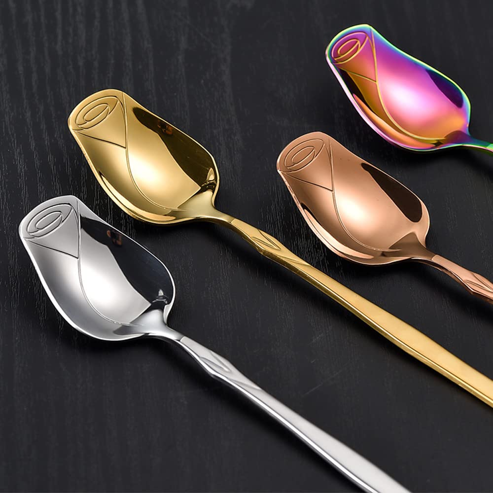 Stainless Steel Spoon Set 5 Pack, Rose flower shaped spoon, Coffee spoon,Dessert Spoon, Ice Cream Spoons, tea spoons,Love spoon, Cute holiday gift (Colorful)