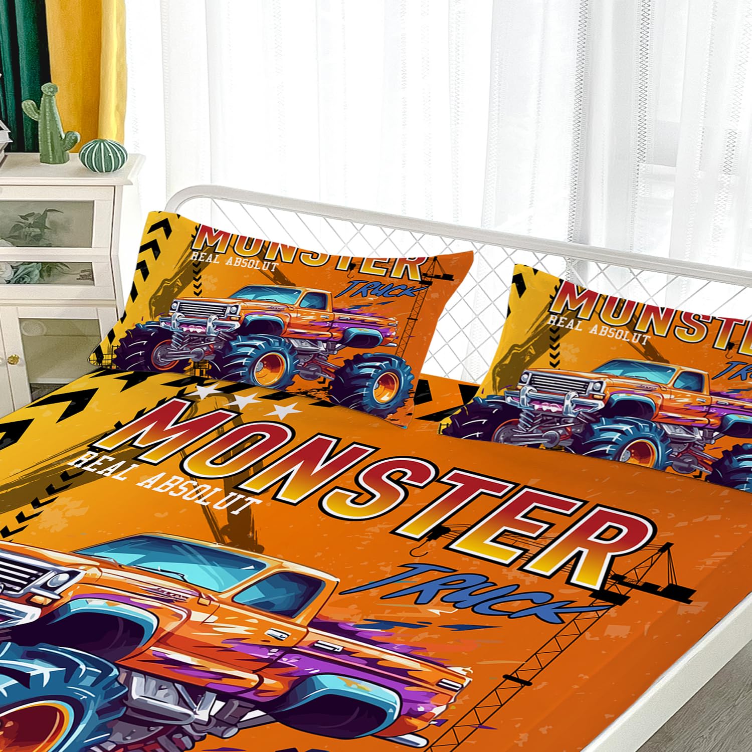 Monster Car 4 Pieces Bed Sheets Soft Washed Microfiber Orange Off Road Bedding Set Fitted Sheet Deep Pockets Top Flat Sheet Room Decor Orange Queen with 2 Pillowcases for Kids Boys and Girls