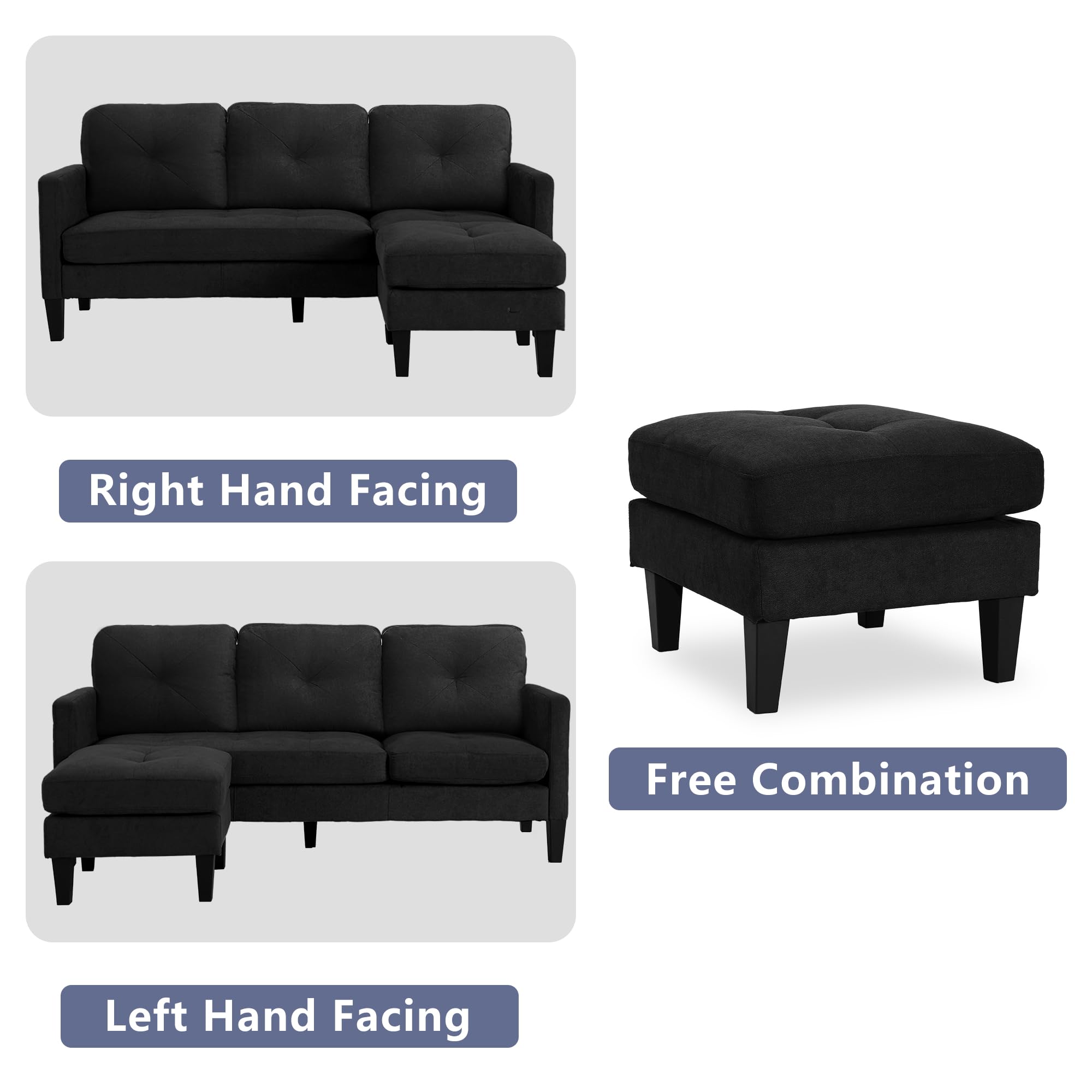 LETATA Convertible Sectional Sofa Couch with Chaise, Black L Shaped Couch Sofa Set with Reversible Ottoman for Living Room,Apartment,Small Spaces (Black)