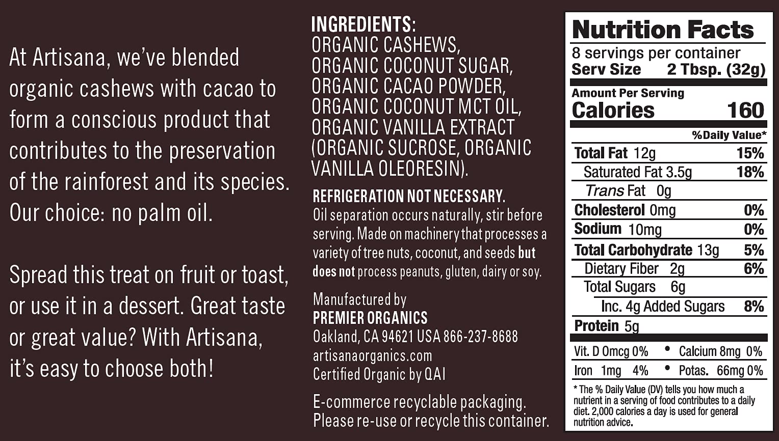 Artisana Organics Cashew Cacao Spread, 9.5oz | Sweetened with Coconut Sugar, No Palm Oil