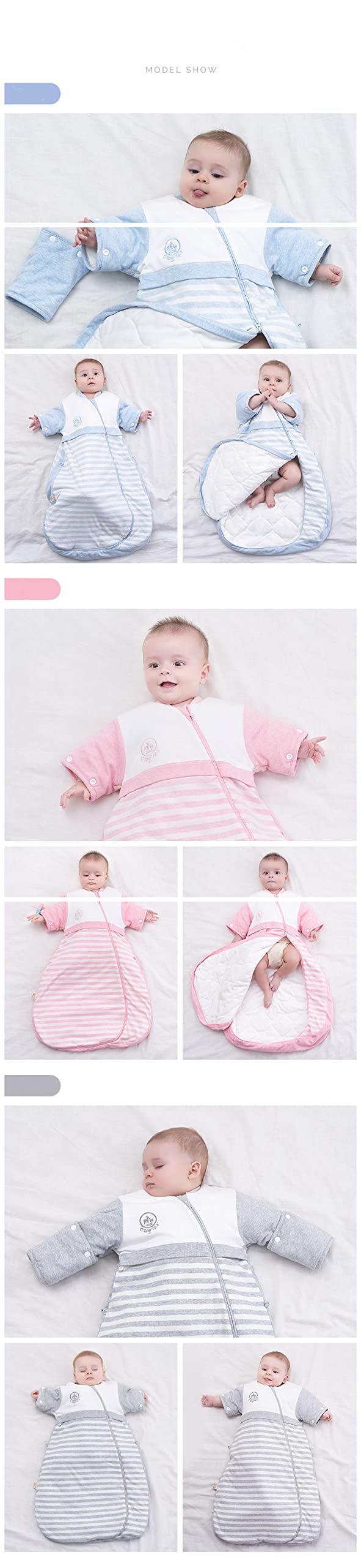 CYUURO Baby Sleeping Bag Sleeves Detachable Kids Wearable Blanket Toddlers Thick Cold Weather，Blue 60-68℉
