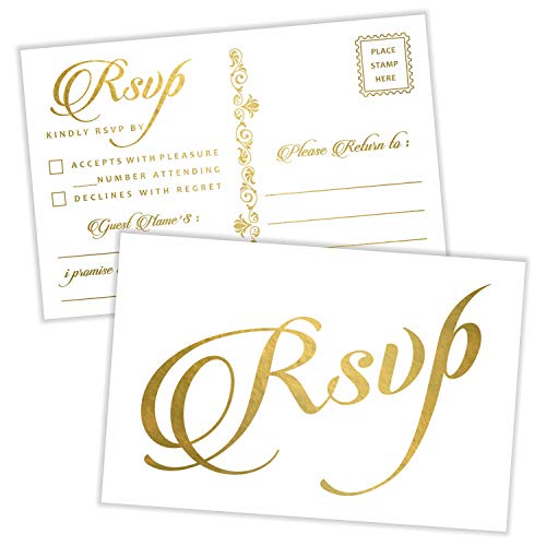 PARTH iMPEX RSVP Postcards for Wedding - (Pack of 50) Gold Foil Stamping with Mailing Side 4"x6" Response Cards All Occasion Mailable - White