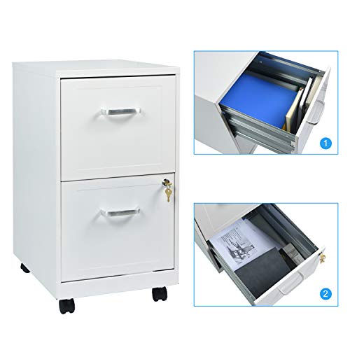 AD ARAZY 2 Drawer File Cabinet, 18" Deep Metal Filing Cabinet with Lock, Made by Thick Metal Materials with Smooth Casters, Letter Size(White)
