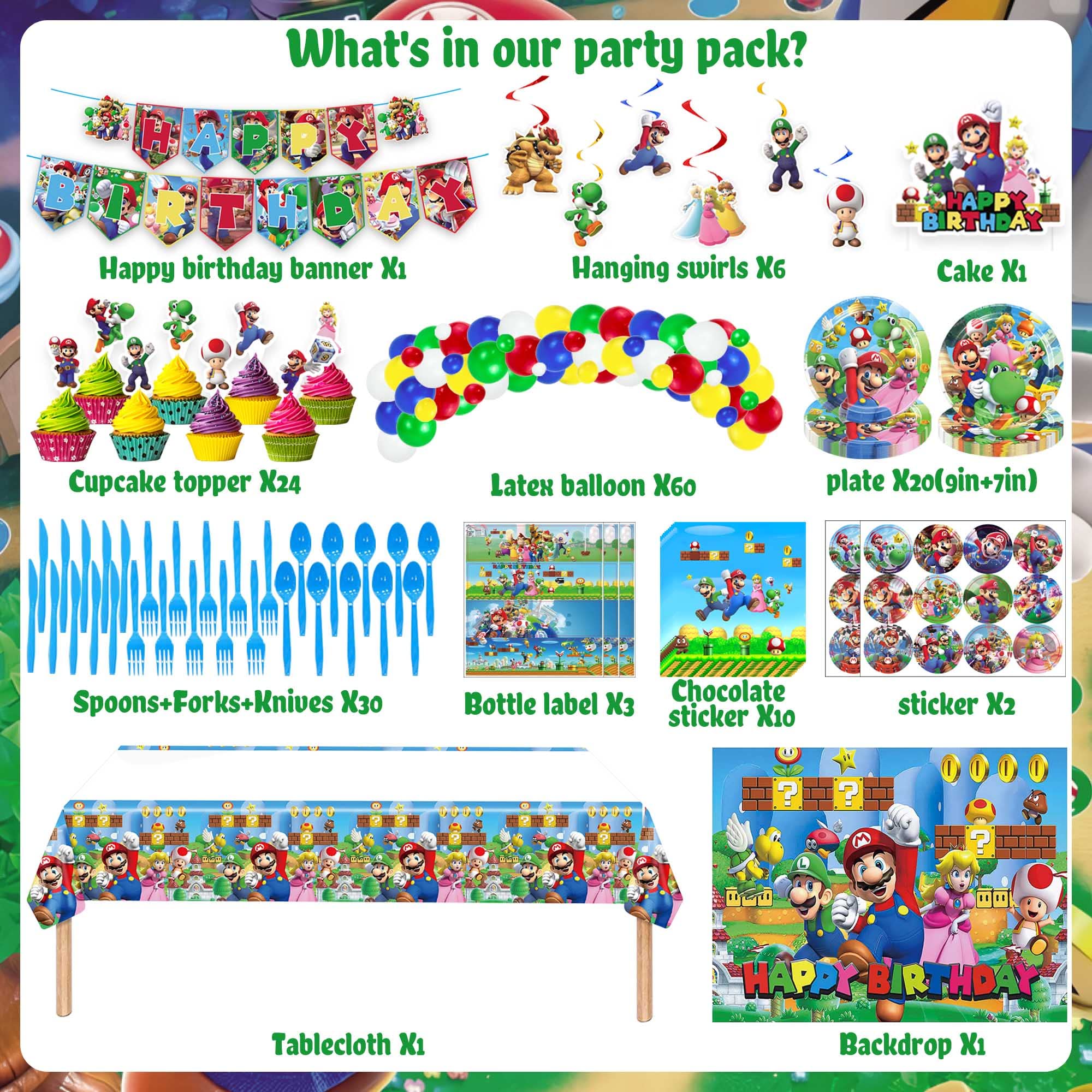 Mario Birthday Party Supplies, Mario Bros Party Decorations Include Banner, Hanging Swirls, Backdrop, Tableware, Cake Toppers, Bottle Labels, Chocolate Stickers