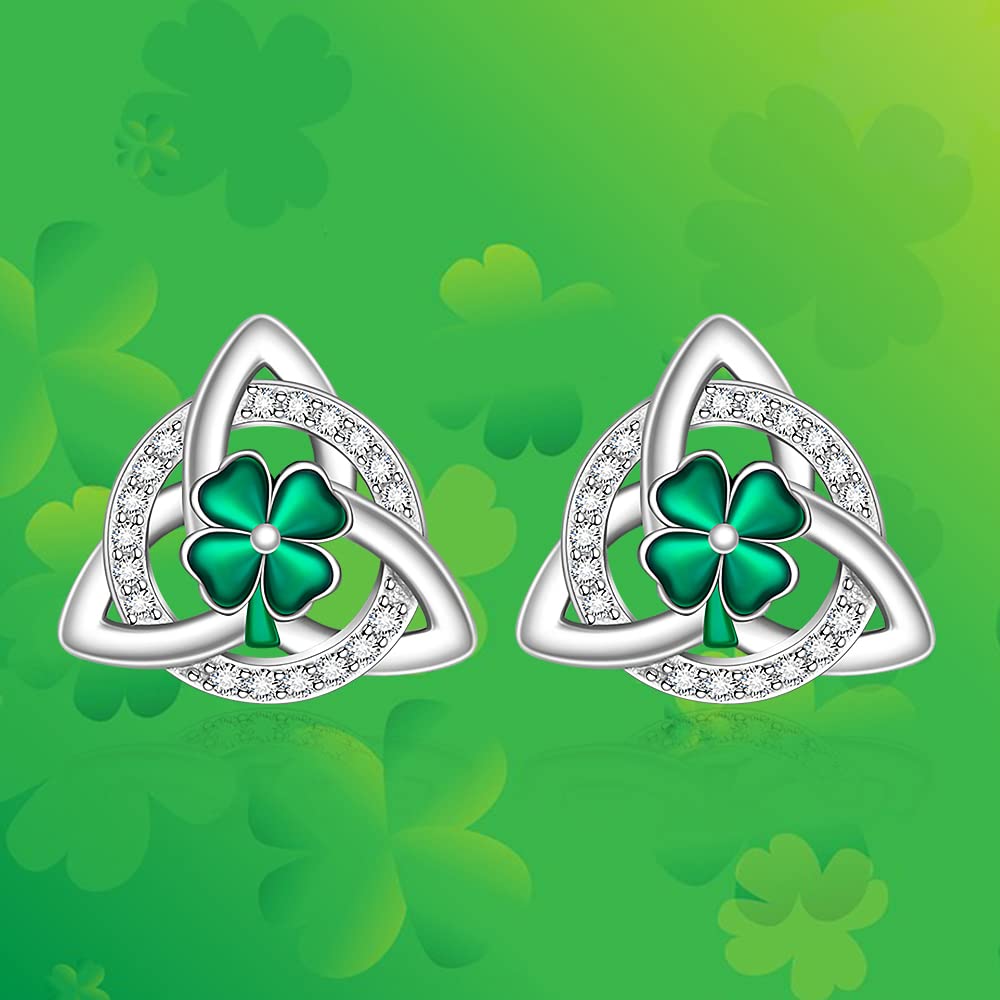 Celtic Knot Green Shamrock Earrings for Women Studs Four Leaf Clover St Patricks Day Earrings Triangle Jewelry Birthday Irish Birthday Gifts Sterling Silver