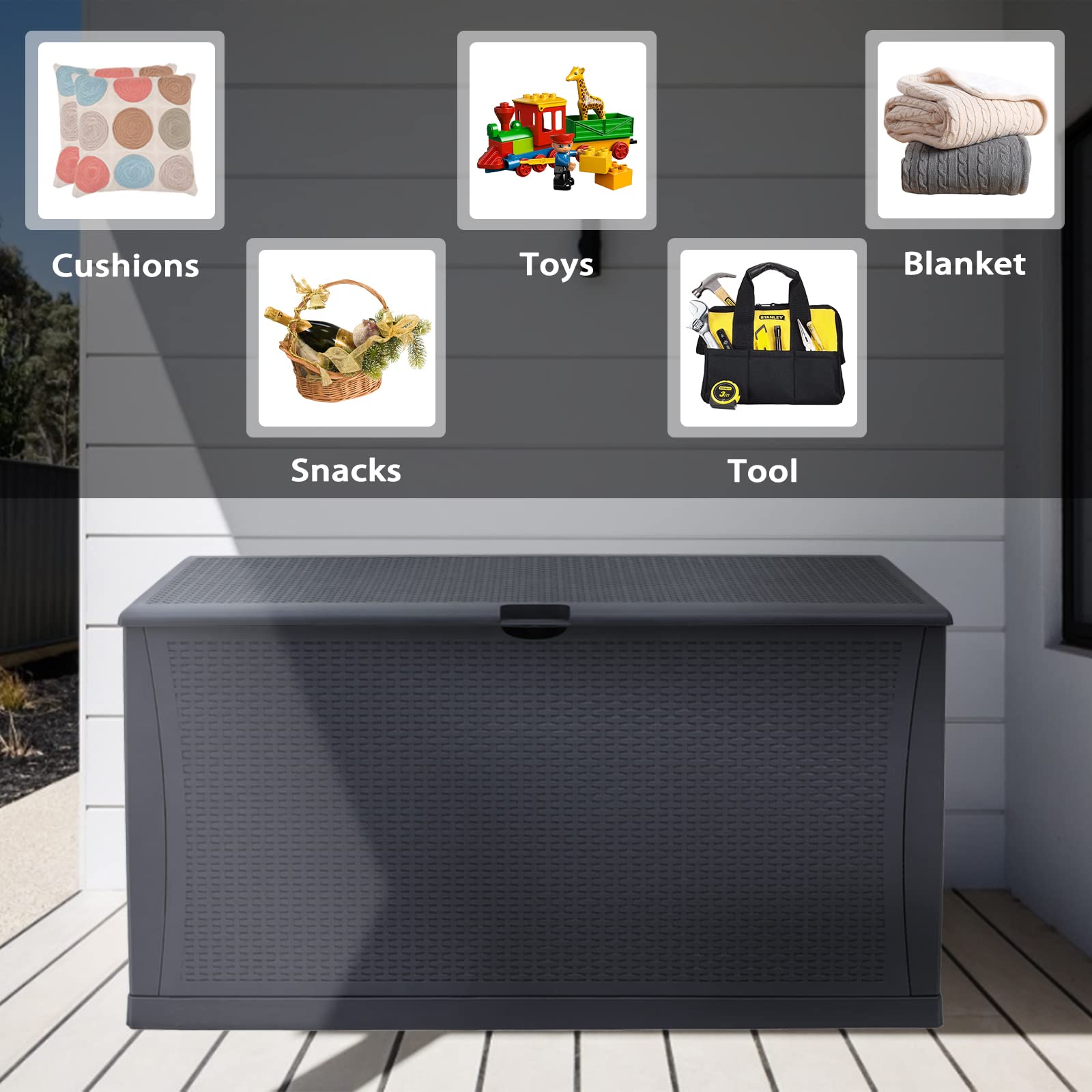 Cemeon 120 Gallon Outdoor Large Deck Storage Box, Resin Wicker Patio Storage Container for Patio Cushions, Gardening Tools and Toys (Dark Gray)