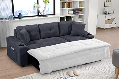 BIADNBZ Reversible Sleeper Sofa Bed 2 in 1 Pull Out Couch with Storage Chaise 2 Cup Holders Two Side Pockets and Pillows for Living Room, Dark Grey