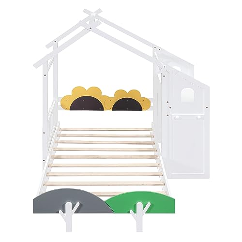 BIADNBZ Twin Size House Bed Frame with Desk and Two Handles, Wooden Platform Bedframe w/Windmill, Roof&Flower Decor, for Kids Boys Girls Bedroom, White