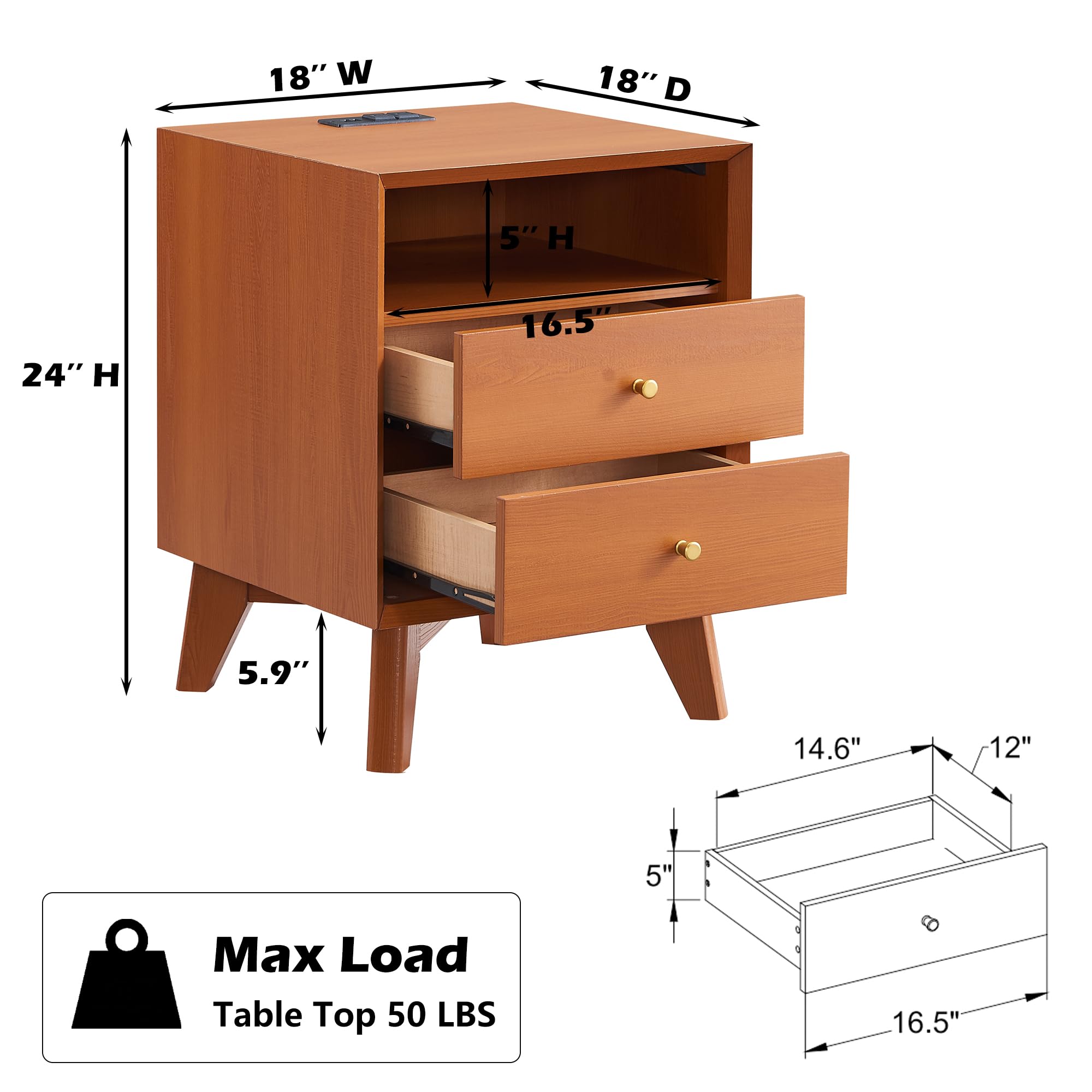 T4TREAM Nightstand with Charging Station, 18" Mid Century Modern Side Table, 2 Drawer Dresser, End Table w/Storage, Bedside Table for Bedroom, Living Room, Beveled Profile Design, Natural Oak