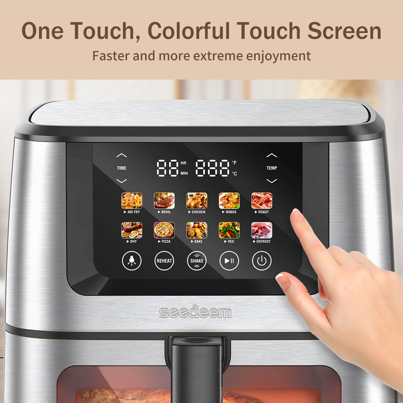 SEEDEEM Max XL Air Fryer, 8 Quart, 10-in-1 Hot Air Fryer Oven with Color LCD Display Touchscreen, Air Fryer Toaster Oven Combo with ClearCook Cooking Window,Broil, Roast, Dehydrate, Bake, Silver