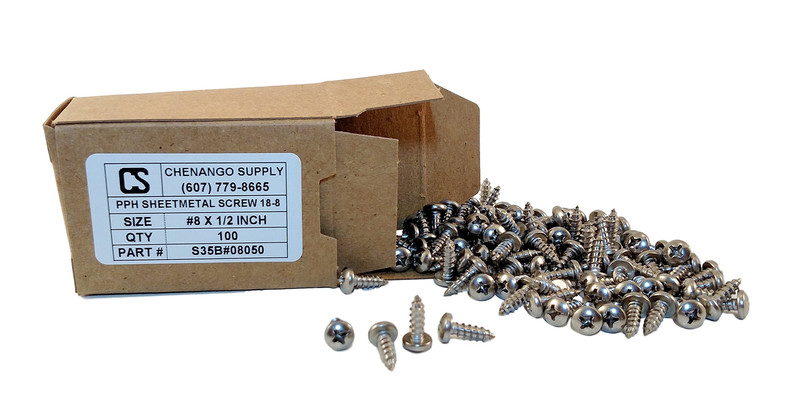 Chenango Supply N.8 x 1/2inches Stainless Philips Pan Head Sheetmetal Screw (1/2inches to 2inches Lengths in Listing) 100 Sheet Metal Screws (N.8 x 1/2 Inch)