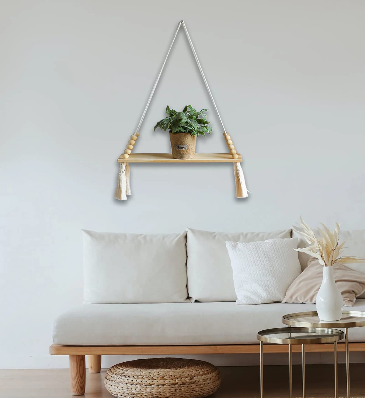 Artilady 2 Pack Wooden Wall Hanging Shelves - Macrame Hanging Plant Shelf with Tassel,Boho Storage Floating Shelves Handmade Rustic Hanger Planter Rack Pot Stand Holder (2 Tassel)