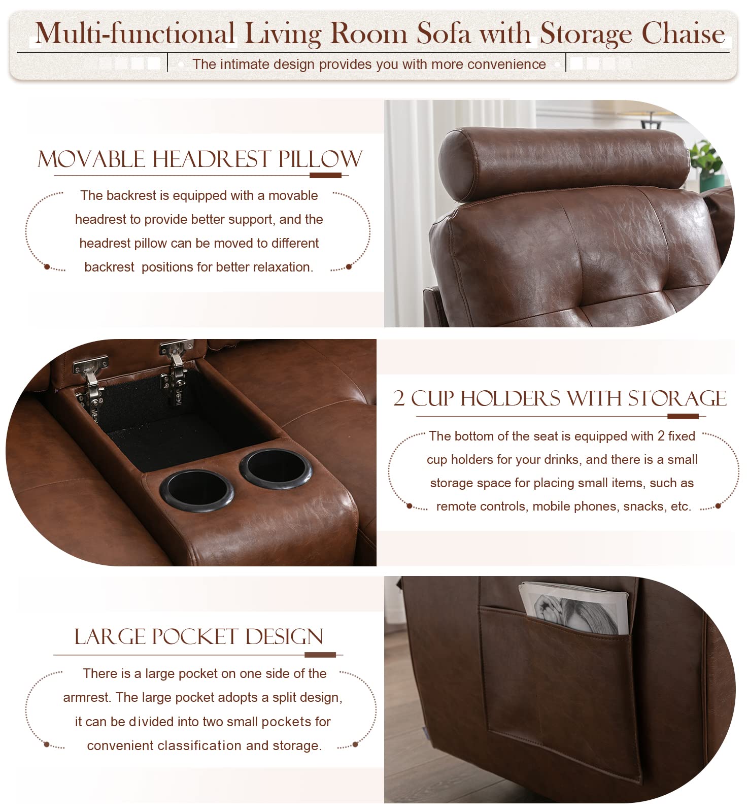 KINFFICT Modern PU Leather Sectional Sofa with Chaise, Comfy 3 Seat Sectional Couch with Storage, Cup Holders, and Comfy Headrest, L Shaped Couch Furniture Set for Living Room, Brown