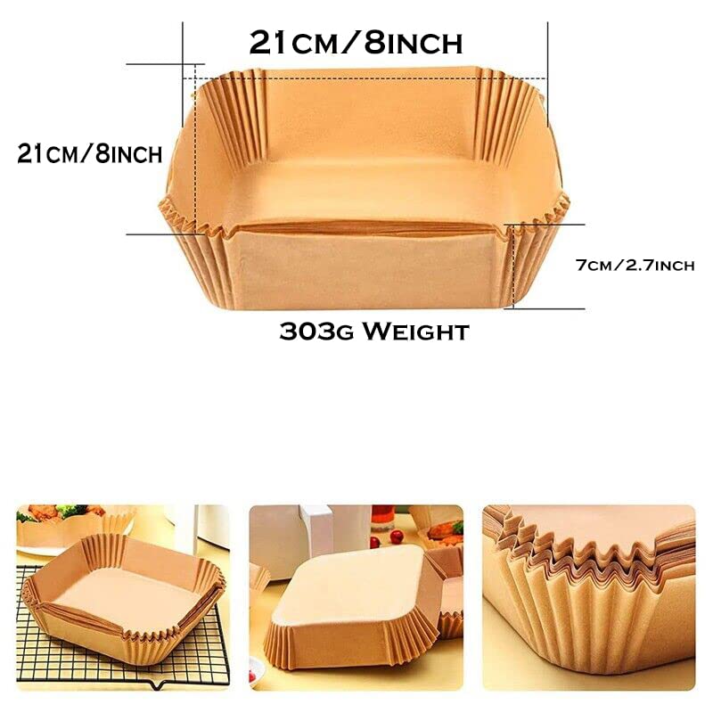 Air Fryer Disposable Liners Square - 8 Inch Air Fryer Disposable Baking Paper Roasting Microwave Food Grade Baking Fryer Disposable Paper 100 Pcs Disposable Plate Brown