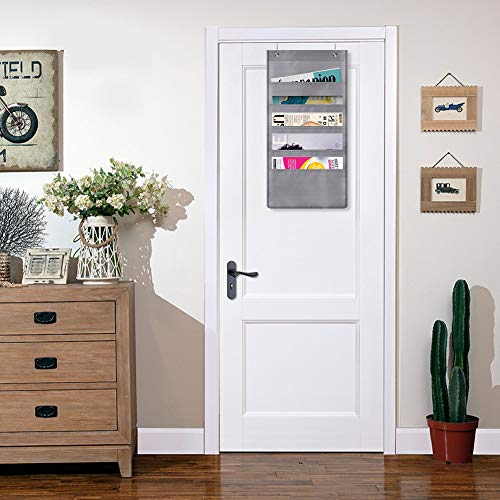 Storage Pocket Chart with 5 Pocket, 2 Pack Heavy Duty Storage Chart Hanging Wall File Organizer Included 4 Over Door Metal Hangers - Organize Your Assignments, Files, Scrapbook Papers & More (Gray)