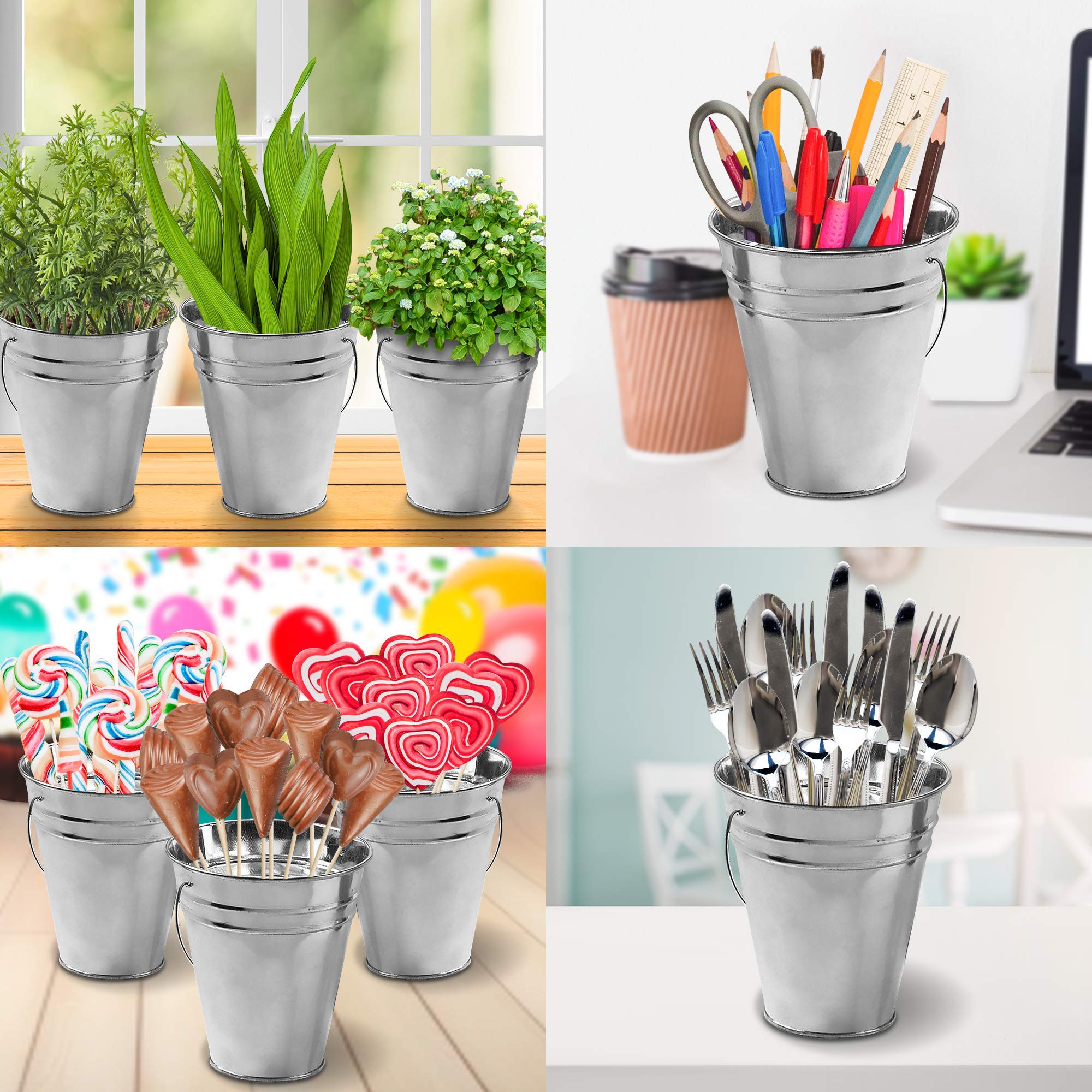 ArtCreativity Large Galvanized Metal Buckets with Handles, Set of 24, 5 Inch Metallic Pails, Rustic Wedding Decorations, Centerpieces for Party, Decorative Ice Buckets, Vase, Garden Planters