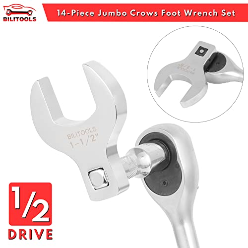 BILITOOLS 14-Piece Jumbo Crows Foot Wrench Set, 1/2" Drive Big Crowfoot Wrench, SAE, 1-1/16" - 2" mm, CR-V Steel