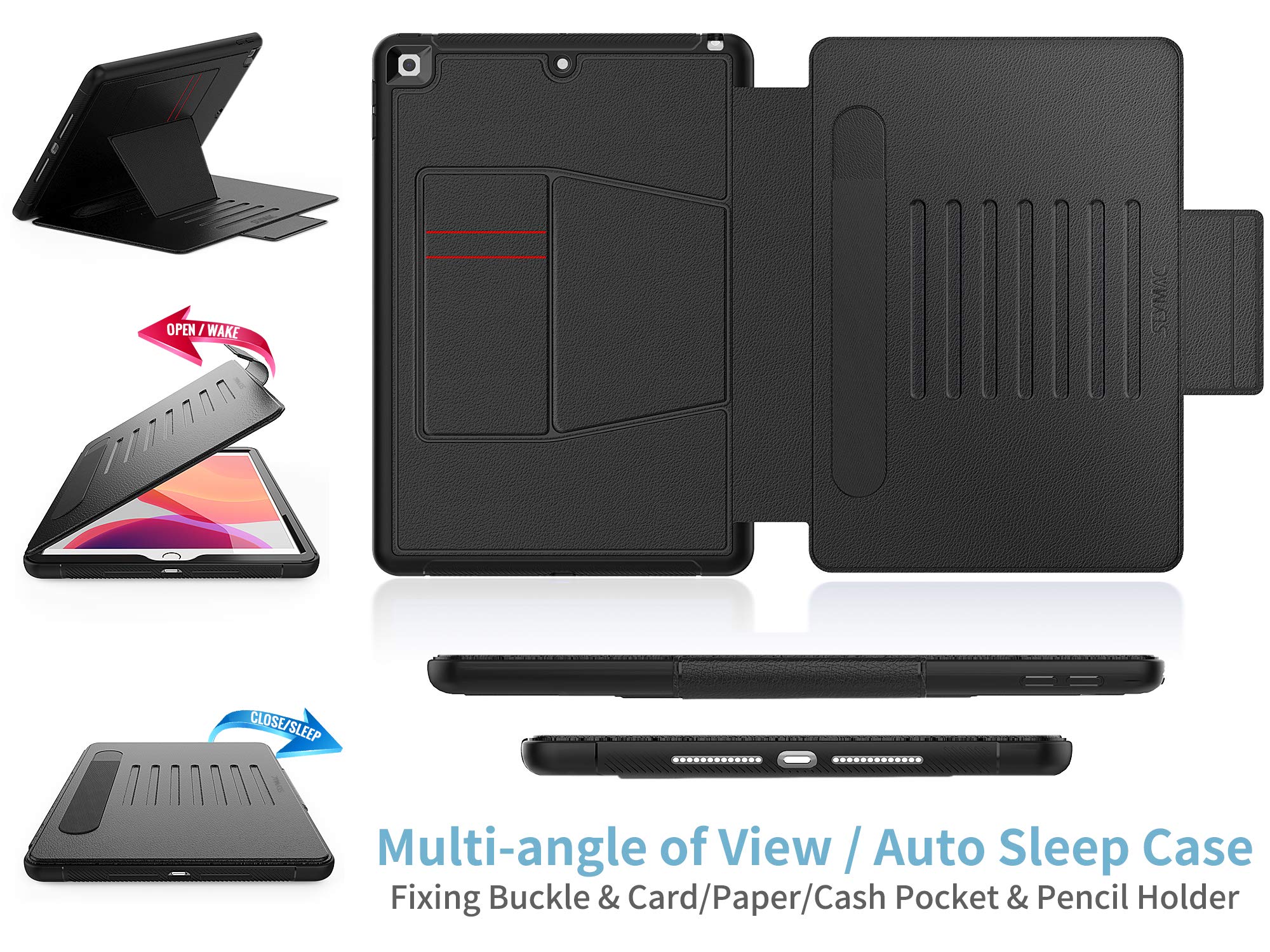 SEYMAC stock Case for iPad 9th/8th/7th Generation 10.2'', Strong Magnetic Auto Sleep Shockproof Case with Absorbing Multi-Angles Stand, Pen Holder, Card Slot (Black)
