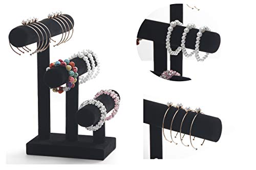 Wuligirl 3 Tier T-Bar Bracelet Jewelry Display Stand Bangle Organizer Storage Holder Velvet Black (3T Bar)