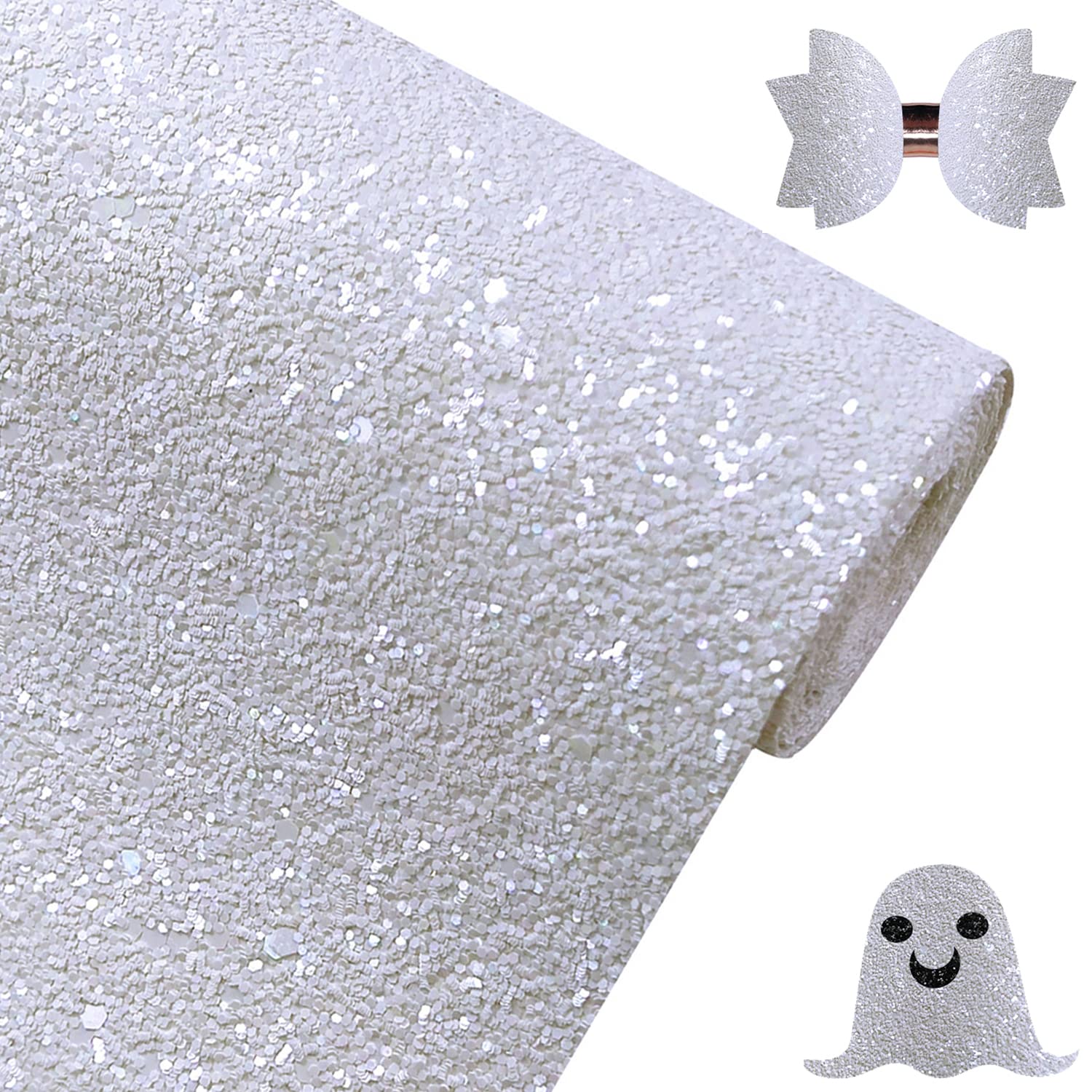 Greatdiy Sparkly Snow White Chunky Glitter Faux Leather Roll 12 x 52 inch Shiny Solid Color Winter Fabric for Bows Earrings Crafts (18015#1)