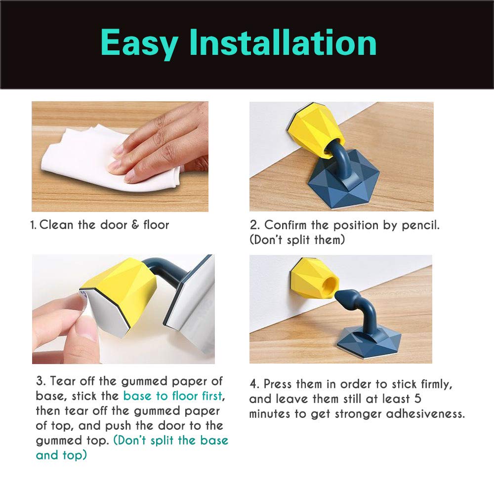 airtrot Silicone Door Stopper 2 Pack Sound Absorption Drill-Free Door Holder with Sticker for Bedroom Bathroom Kitchen Home Office (Blue-Yellow 2 Pack)