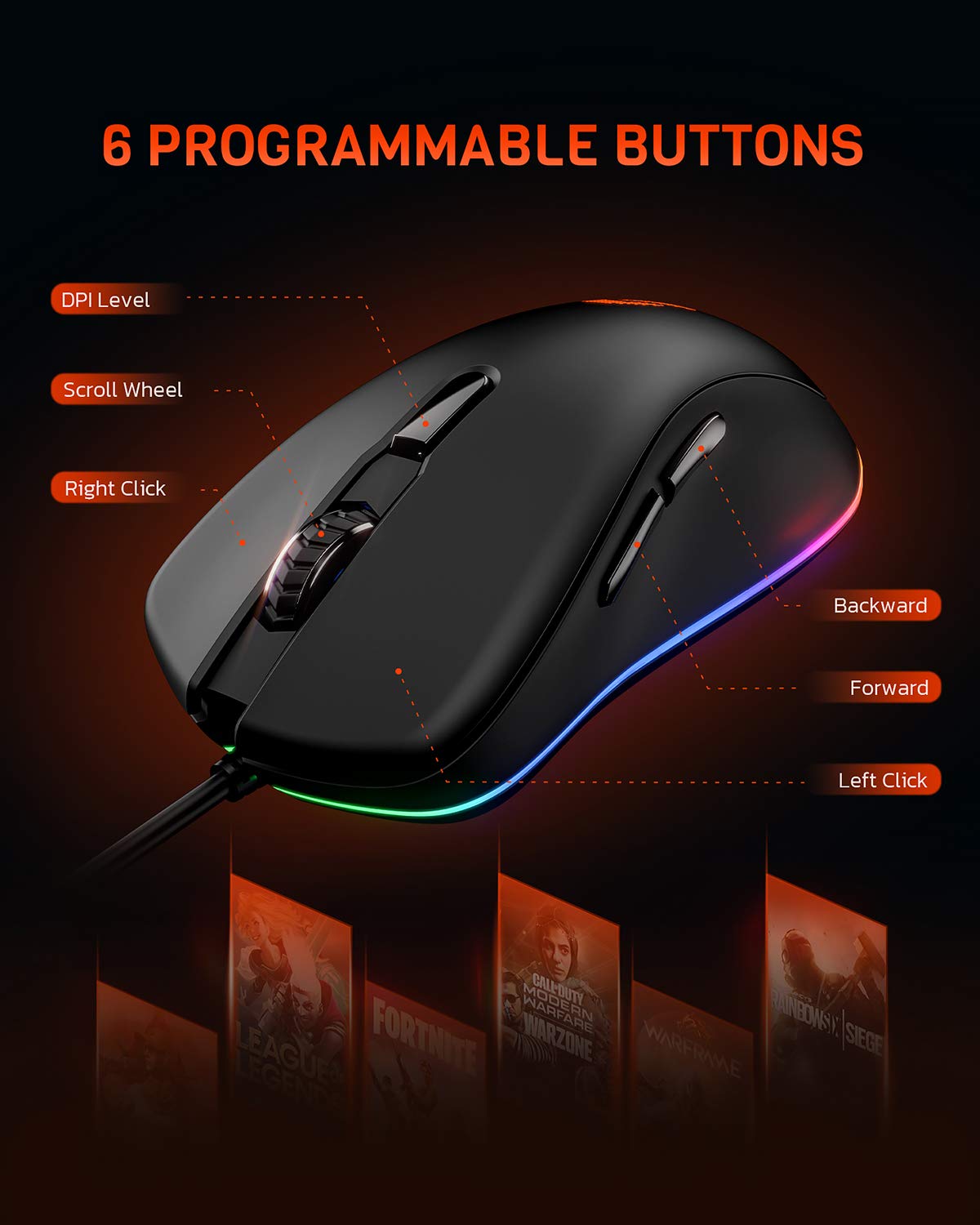 DAREU Wired Gaming Mouse, 6400DPI,6 Programmable Buttons, Ergonomic RGB Gaming Mouse with 16.8 Million Chroma 7 Backlit for PC, Laptop, and Notebook