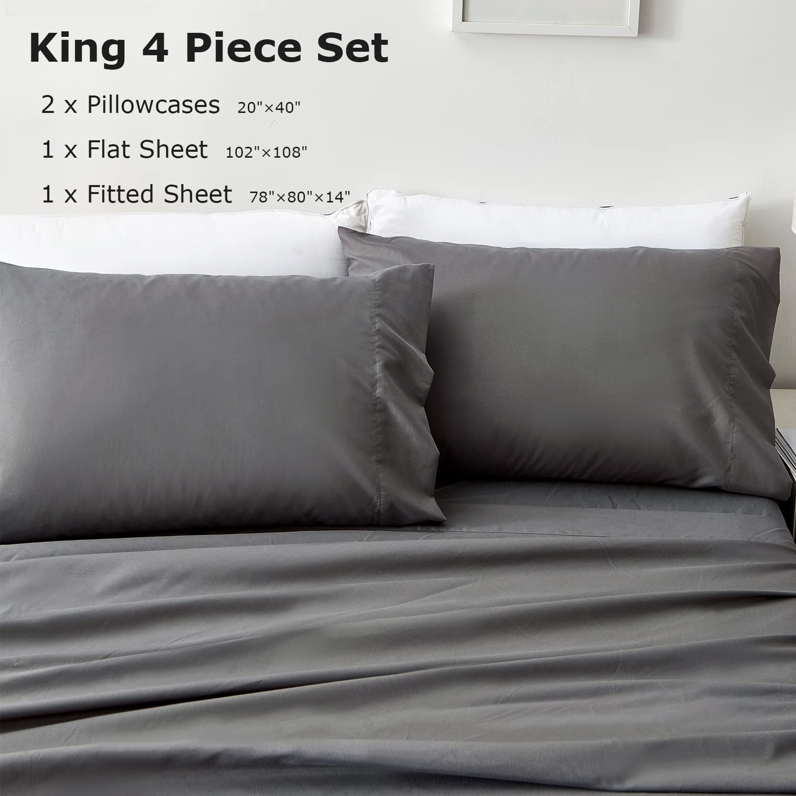 AKK King Sheet Set - Soft Hotel Luxury King Bed Sheets - Ultra Brushed Microfiber - Deep Pocket - Cooling Sheets for King Size Bed - 4 Piece (Dark Grey)