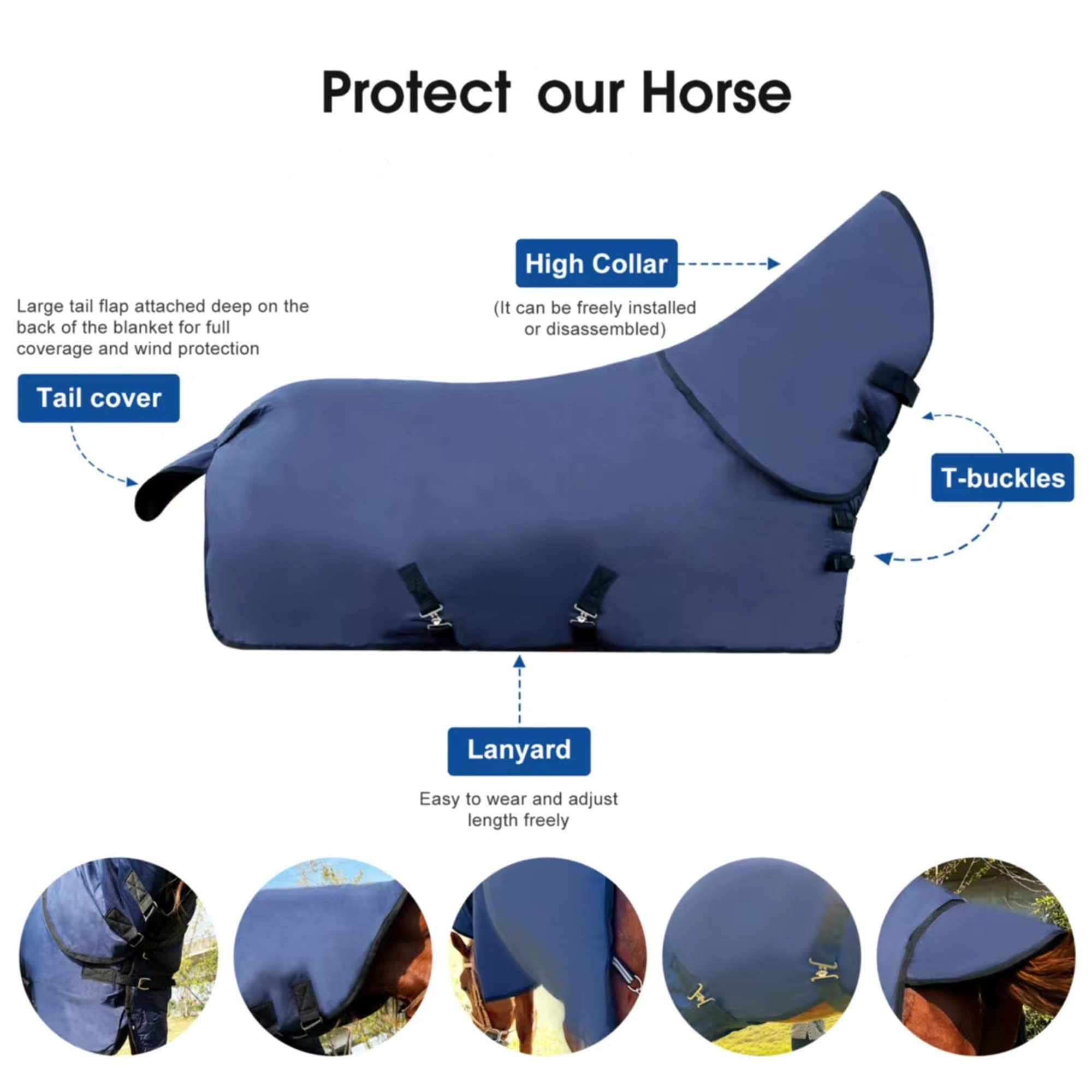 Waterproof Horse Turnout Blanket,Medium Weight Winter HorseTurnout Blanket (220g Fill) with Detachable Neck Cover,Blanket for Horse - Blue - 72 in