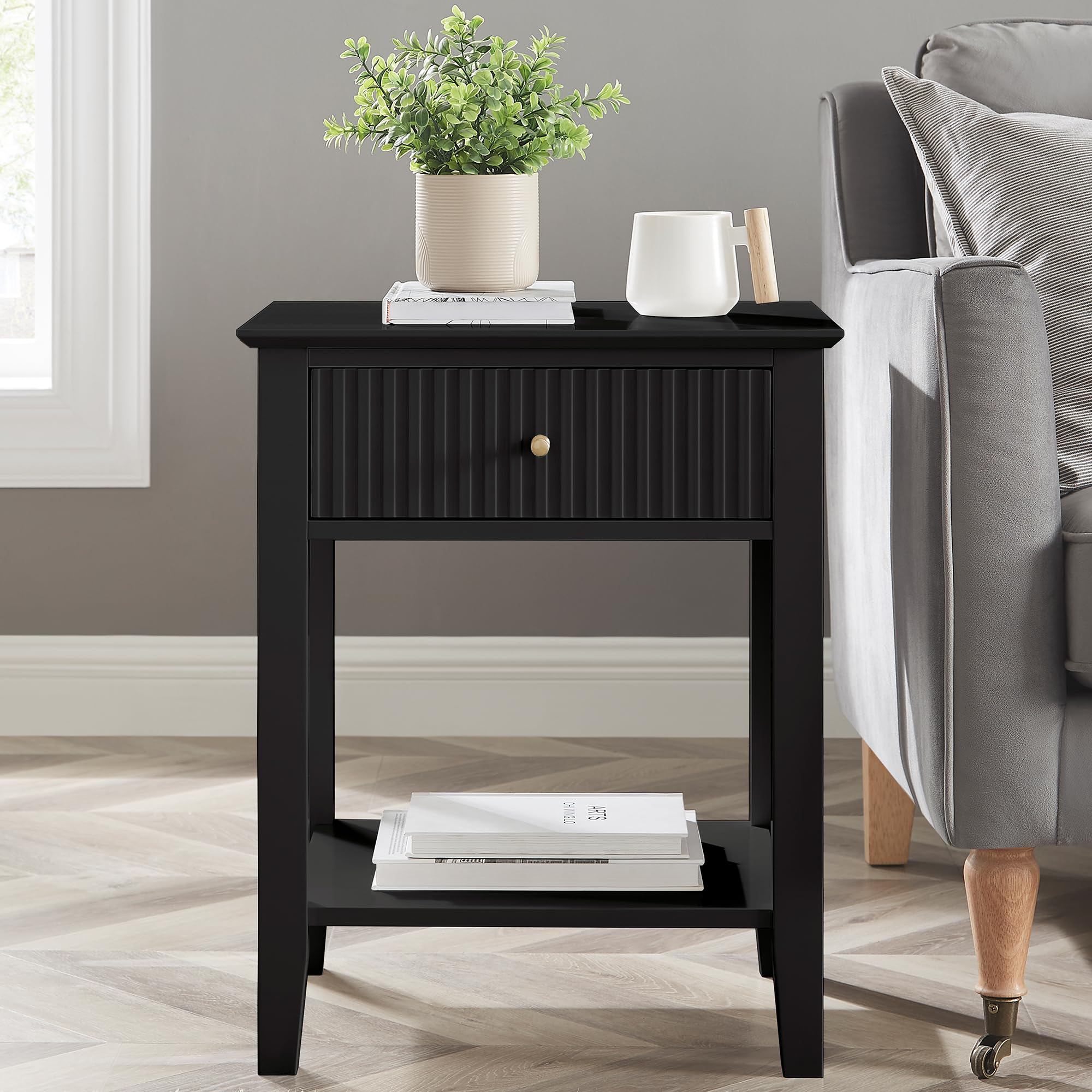 OCANDO Fluted Black Nightstand, 1 Drawer Bedroom 19β Night Stand, Small Bed Side End Table with Storage Shelf for Living Room, Sofa Couch