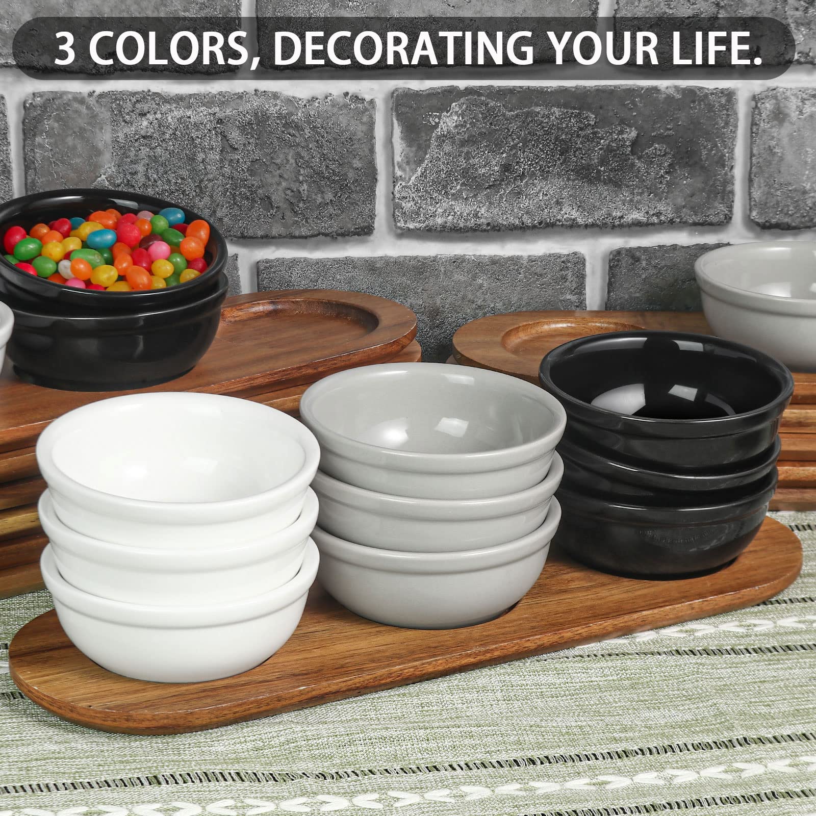 Artena 12 oz Solid Ceramic Chip and Dip Serving Set with Acacia Wooden Tray, 5-inch Grey Dipping Bowls, Small Serving Bowls for Side Dishes, Salsa, Appetizer, Serving Dishes for Entertaining