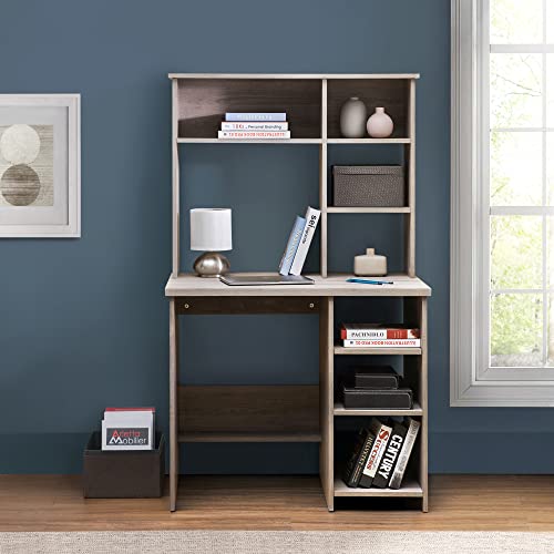 Studio Space 35" Computer, Functional Writing Tower Shelves, Home Office Compact Workstation Desk with Book Shelf Storage, Gray