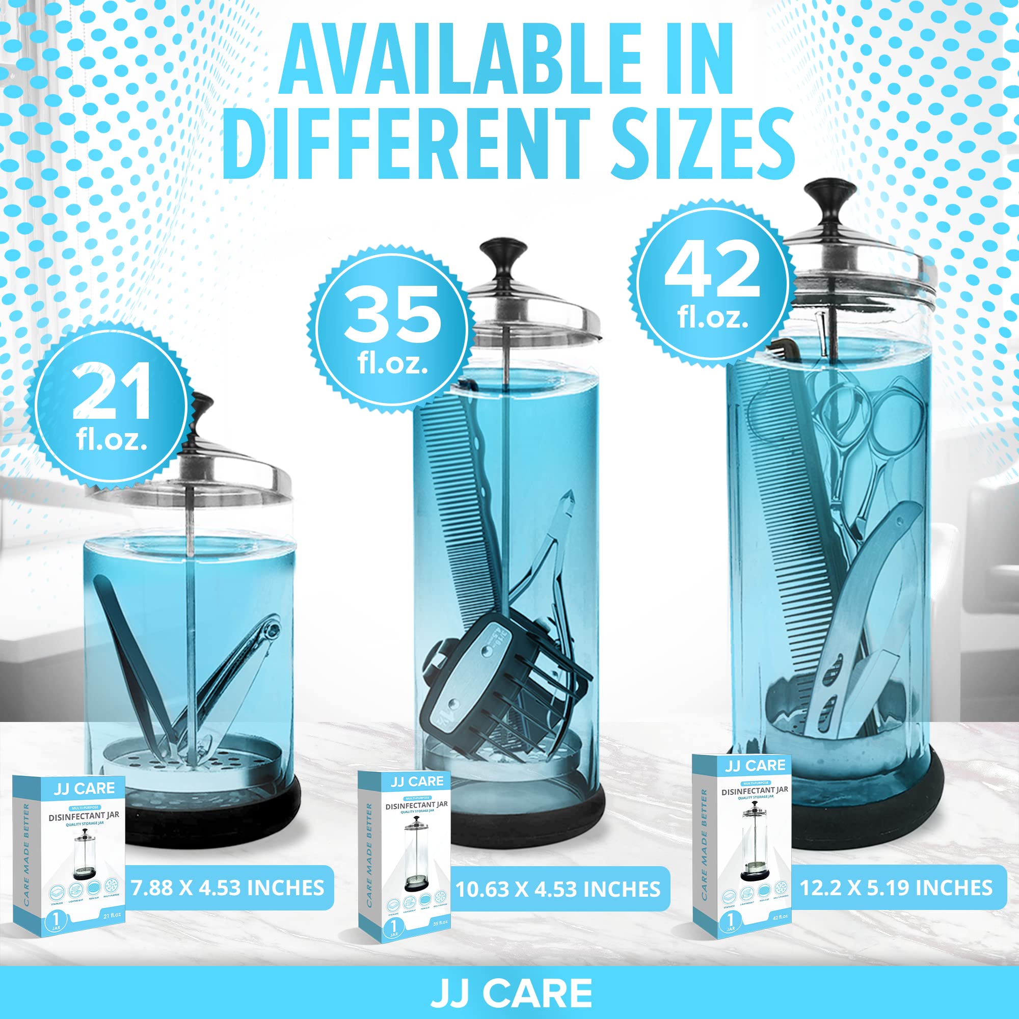 JJ CARE Disinfectant Jar (35 oz) - Barber Jar Glass, Sanitizer Disinfectant Glass Jar, Barber Disinfectant Jar Implement Disinfectant Container w/Stainless Steel Removable Strainer & Cap - Black Lid