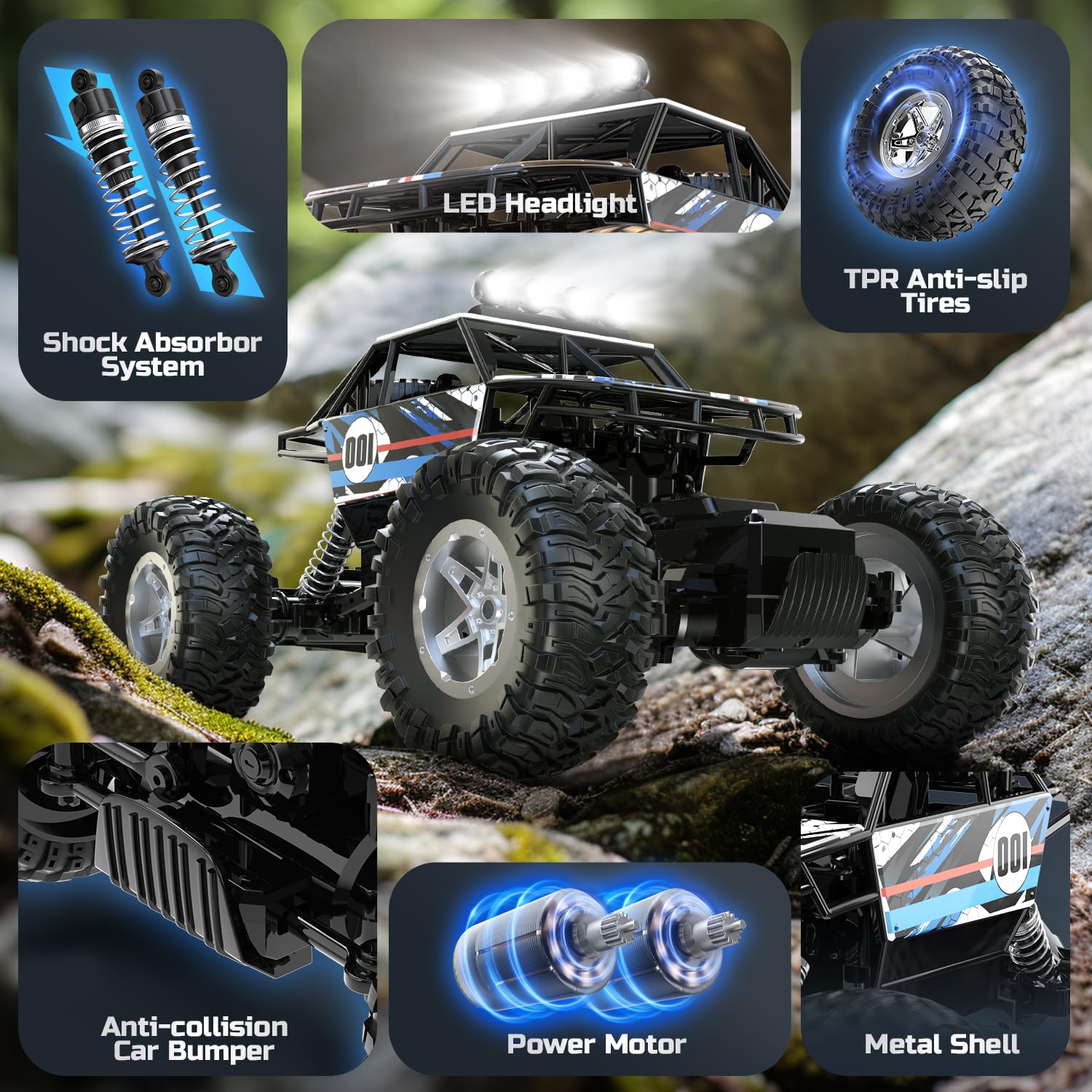 DEERC DE45 1:14 Remote Control Truck, RC Car Toy Rock Crawler, 4WD Off Road Monster Truck with Metal Shell Dual Motors LED Headlight 90 Min Play