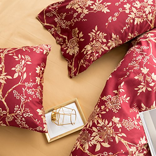 Eastern Floral Chinoiserie Blossom Print Duvet Quilt Cover Navy Blue Tan White Asian Style Botanical Tree Branches Ornamental Drawing 400TC Egyptian Cotton 3pc Bedding Set (King, Garnet)