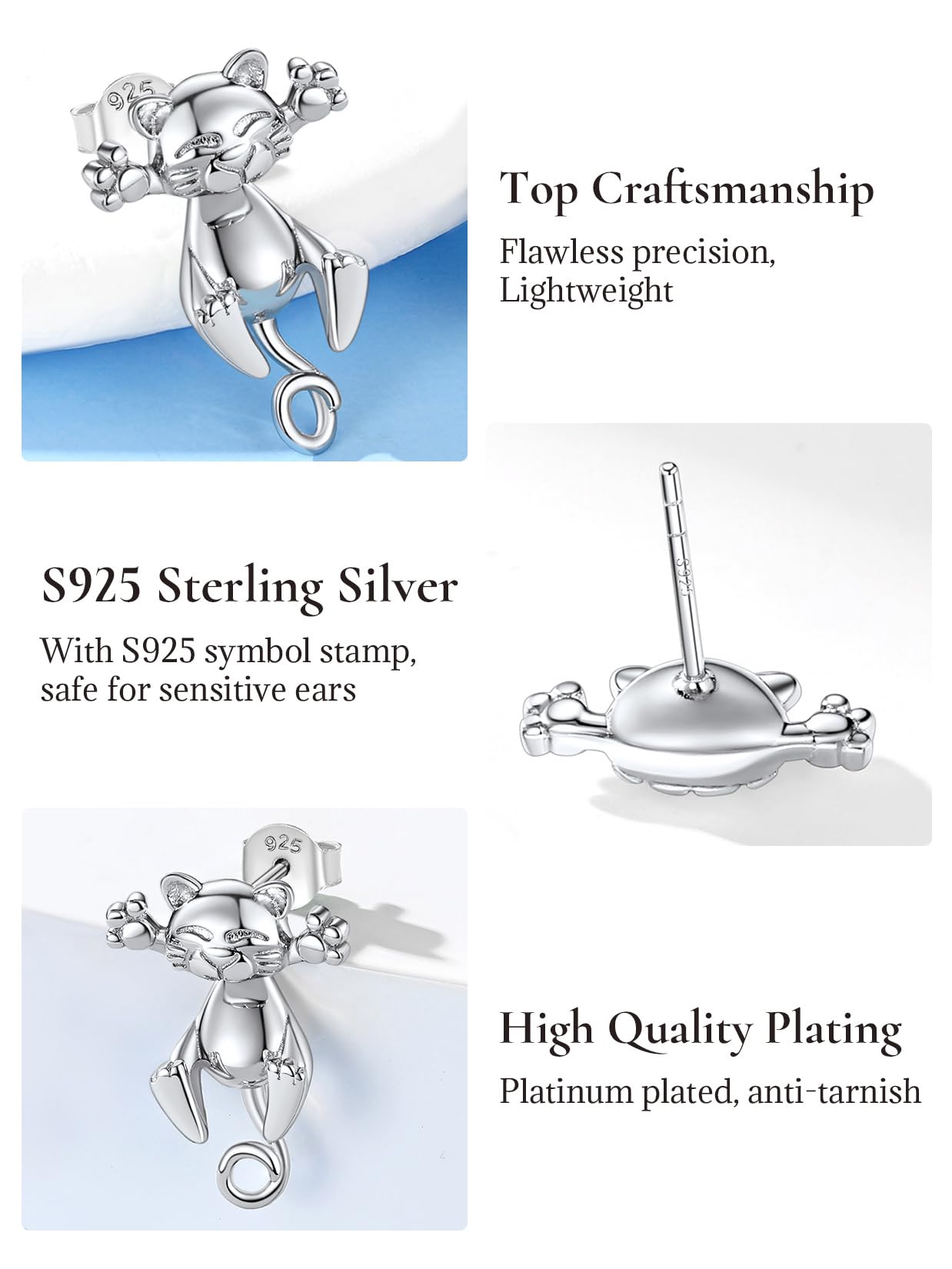 925 Silver Cute Cat Earrings Stud Solid Sterling Jewelry " Kiss me Hug Me" 3D Kitten Ear Jacket Earring for Women Teen Girls