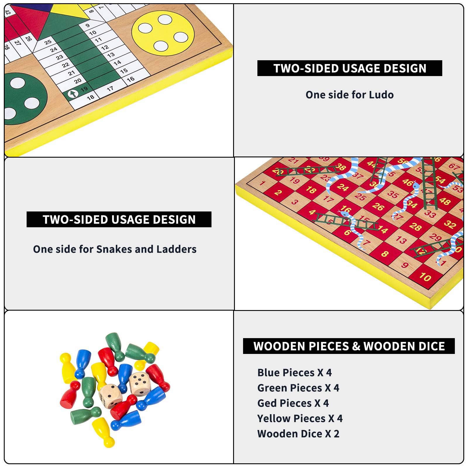 AMEROUS 12 inches Wooden Ludo Board Game - Snakes and Ladders, 2 in 1 Reversible, 1-4 Players Family Dice Games Set for Kids, Adults, Classics Tabletop Version (Gift Box Packed)