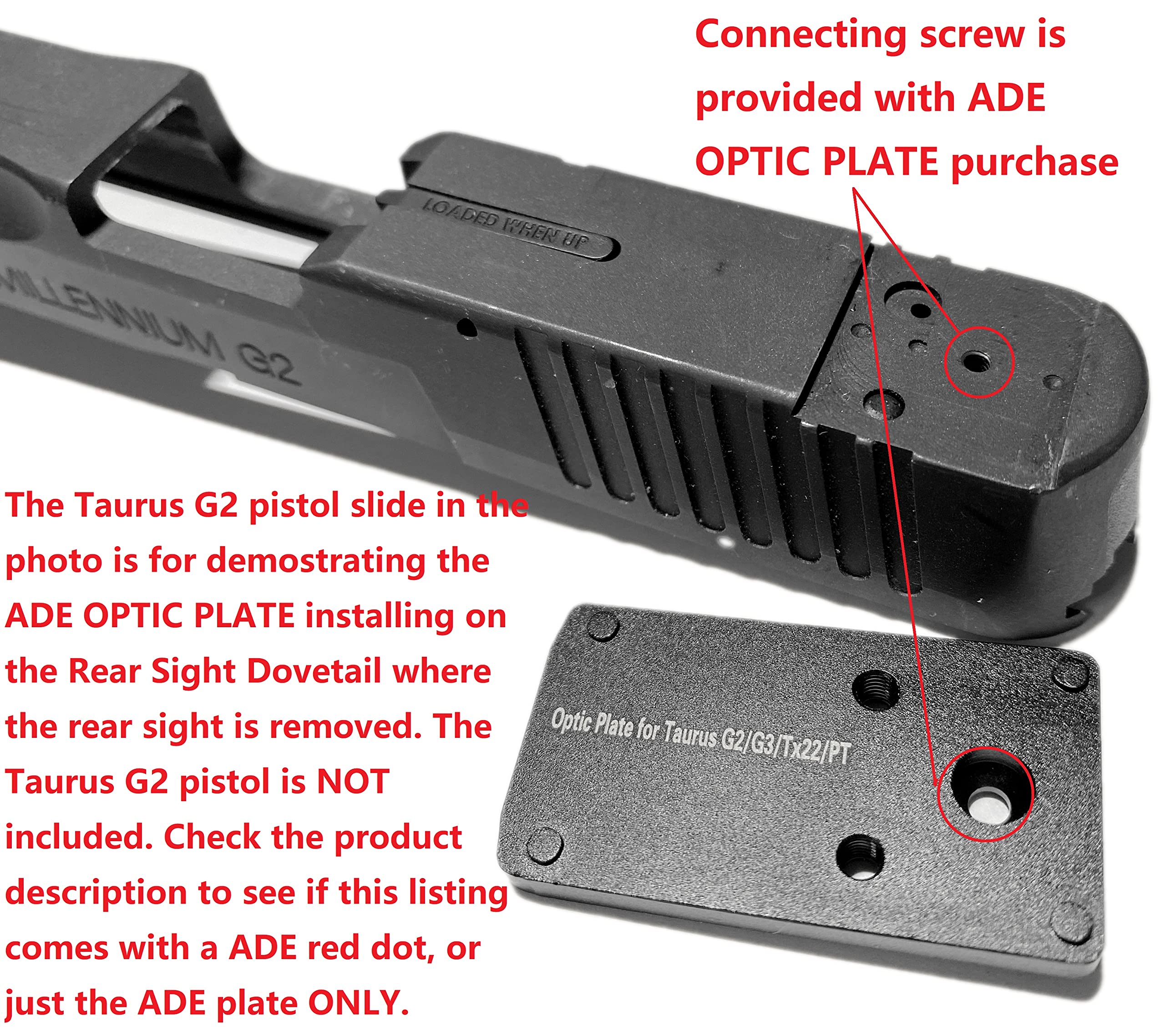 Ade Advanced Optics Bertrillium RD3-013 Red Dot Reflex Sight + Optic Mounting Plate for Taurus PT111 G2, Millennium G2, G2C, G3 with Original Rear Sight, PT140 G2, PT709, PT740, TX22 + Pictinny Plate