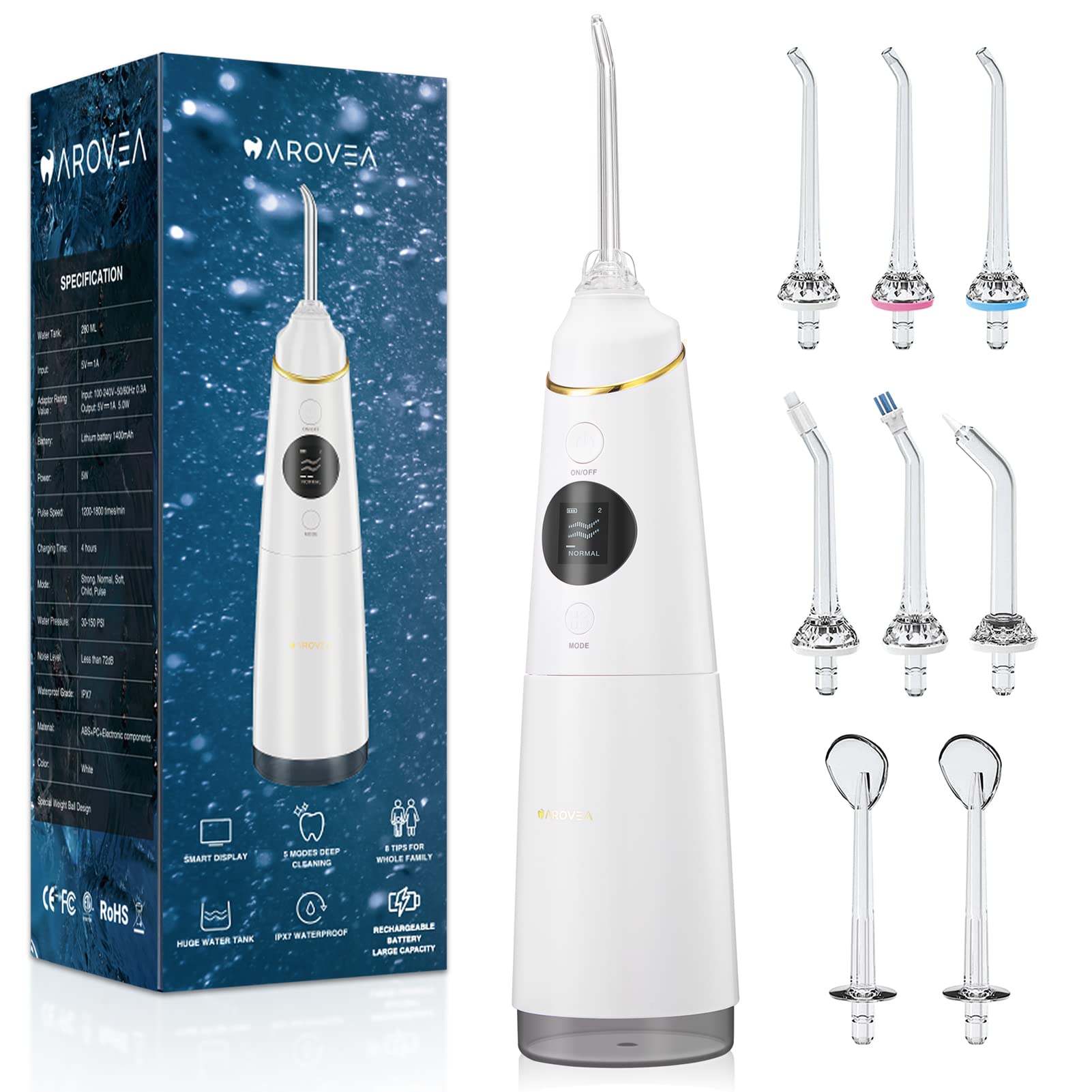 AROVEA Water Flosser, 5 Professional Modes, 8 Replaceable Jet Tips - IPX7 Waterproof, Powerful Rechargeable Battery Life, Oral Dental flosser for Home Travel