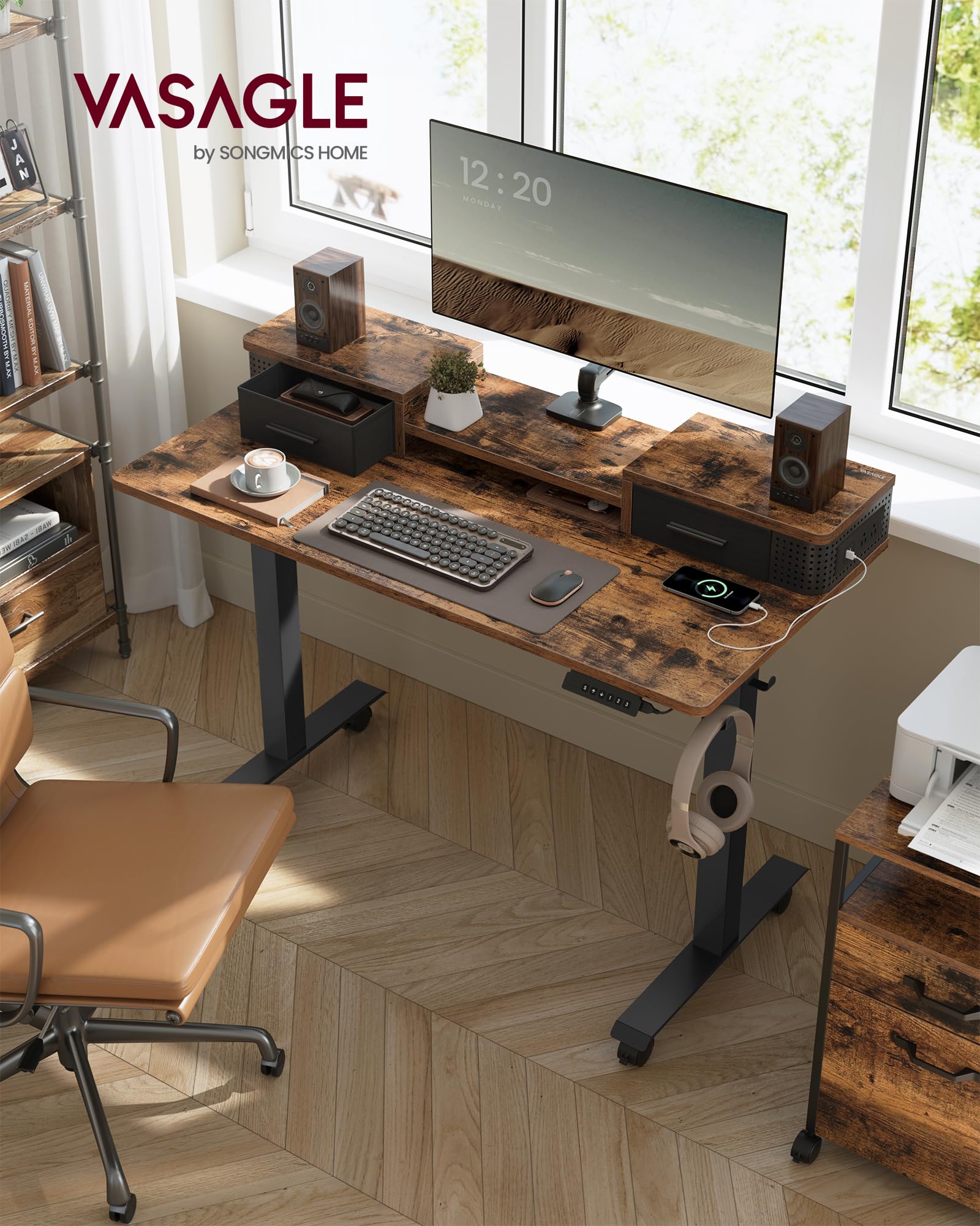 VASAGLE Electric Standing Desk with Drawers, Sit Stand Desk with Built-in Power Strip, Adjustable Height, 23.6 x 47.2 Inches, 2 Hooks, Memory Function, for Home Office, Rustic Brown ULSD182X21