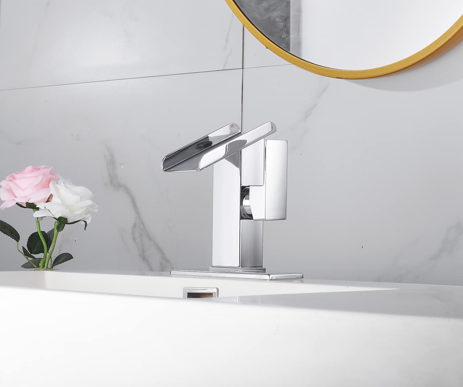 Chrome Bathroom Sink Faucet One Hole LED Waterfall Spout RGB 3 Colors Light Changing Lavatory Vanity Faucets Brass Single Handle Modern Washbasin Bath Tap Include Plates to Cover Holes Residential
