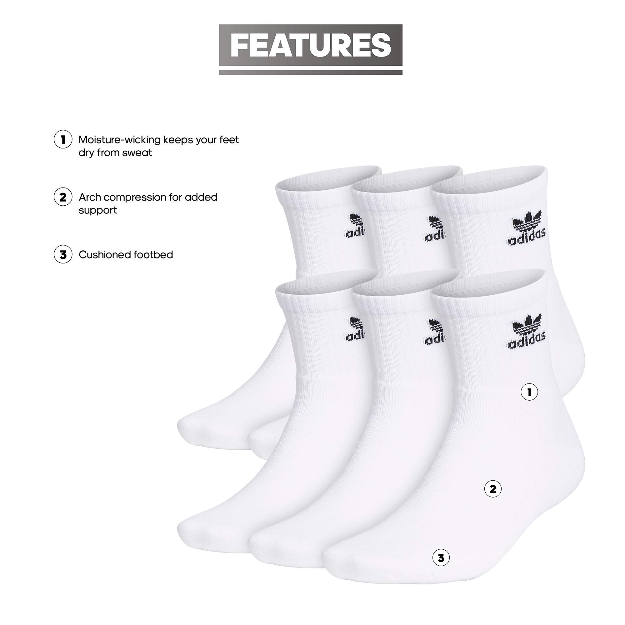 adidas Originals Trefoil Quarter Socks (6-Pair), White/Sky Rush Blue/Light Purple, Large