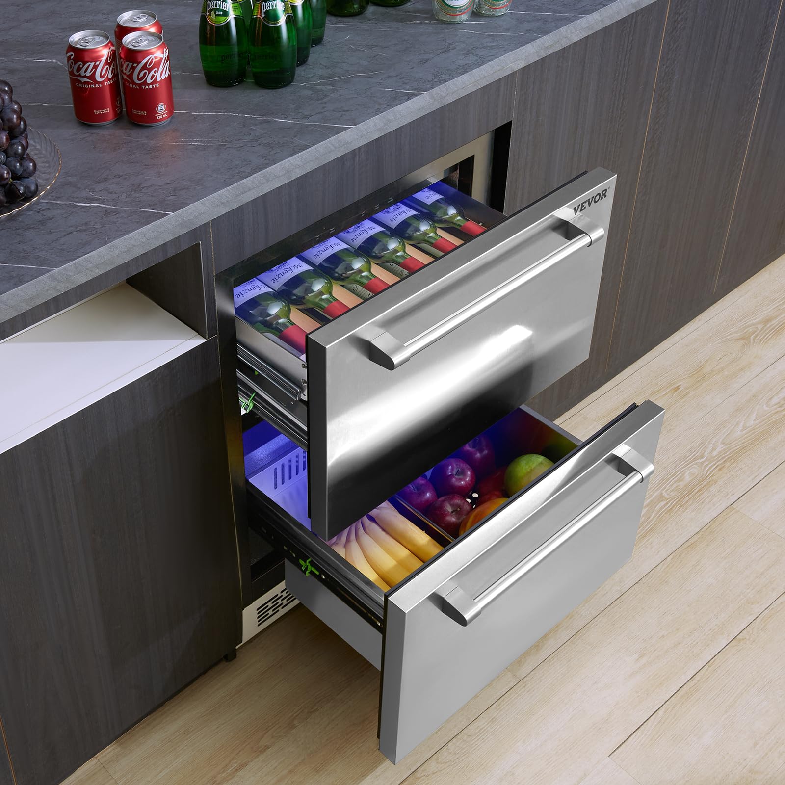VEVOR 24" Undercounter Refrigerator, 2 Drawer Wine Refrigerator with Different Temperature, 4.87 Cu.ft. Capacity, Waterproof Indoor and Outdoor Under Counter Drawer Fridge for Home and Commercial Use